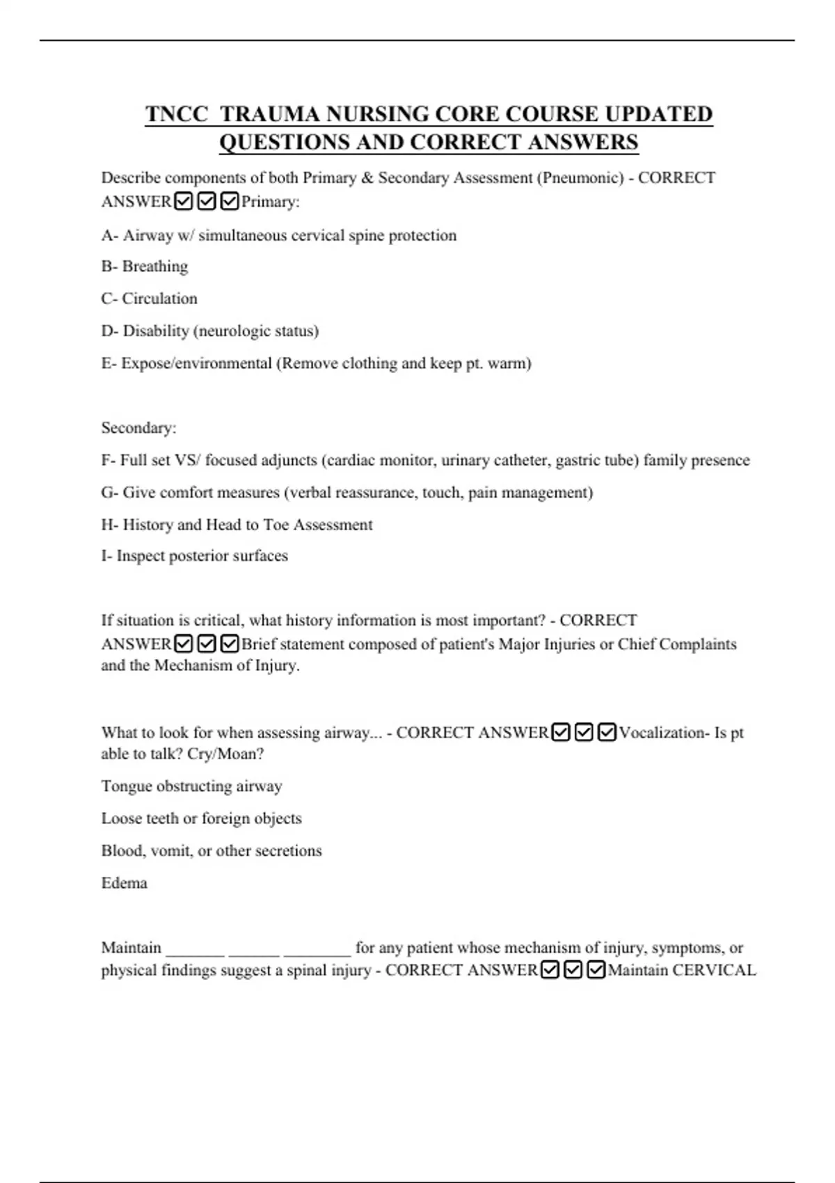 TNCC TRAUMA NURSING CORE COURSE UPDATED QUESTIONS AND CORRECT ANSWERS - TNCC-Trauma Nursing Core ...