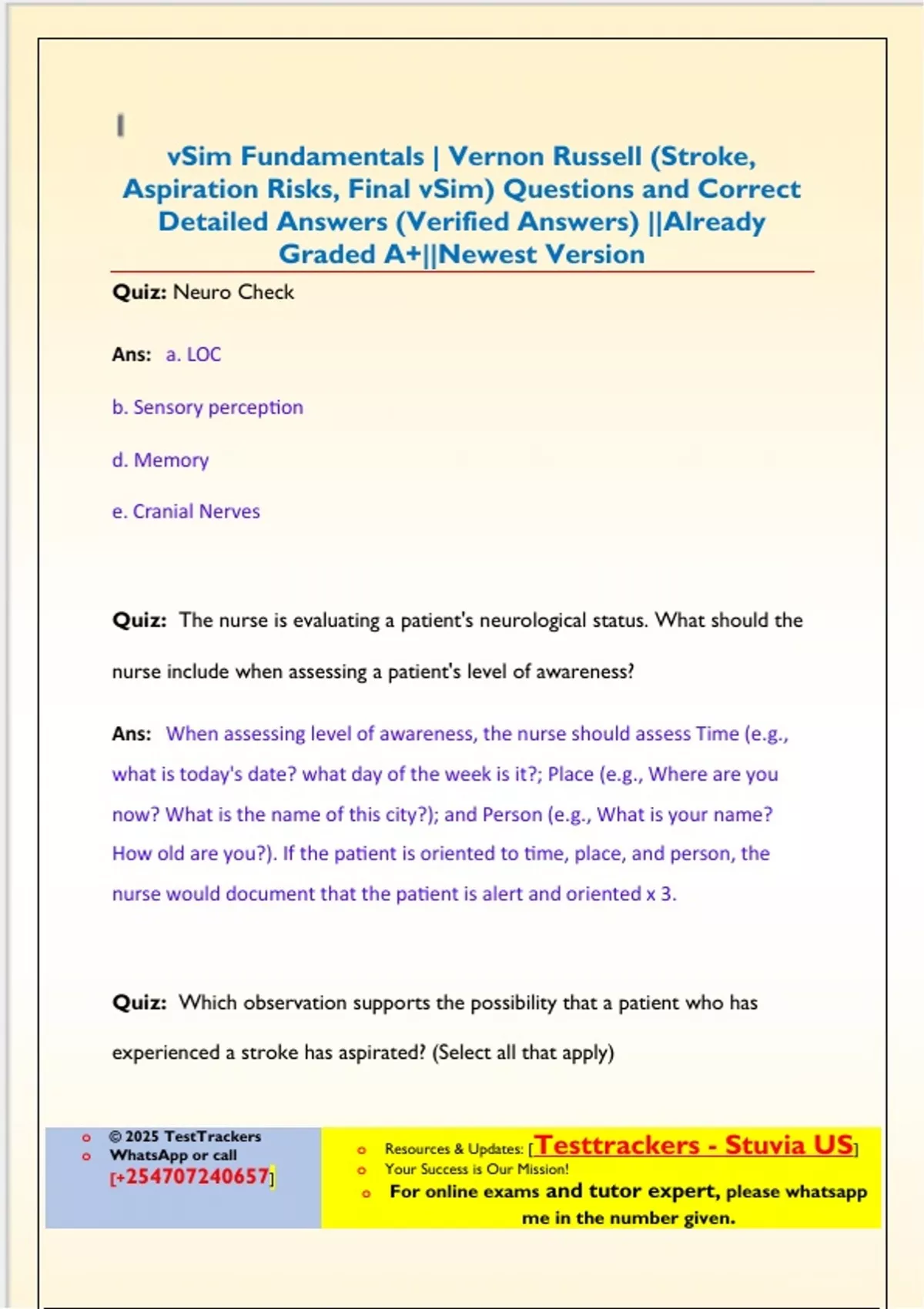 vSim Fundamentals | Vernon Russell (Stroke, Aspiration Risks, Final vSim) Questions and Correct ...