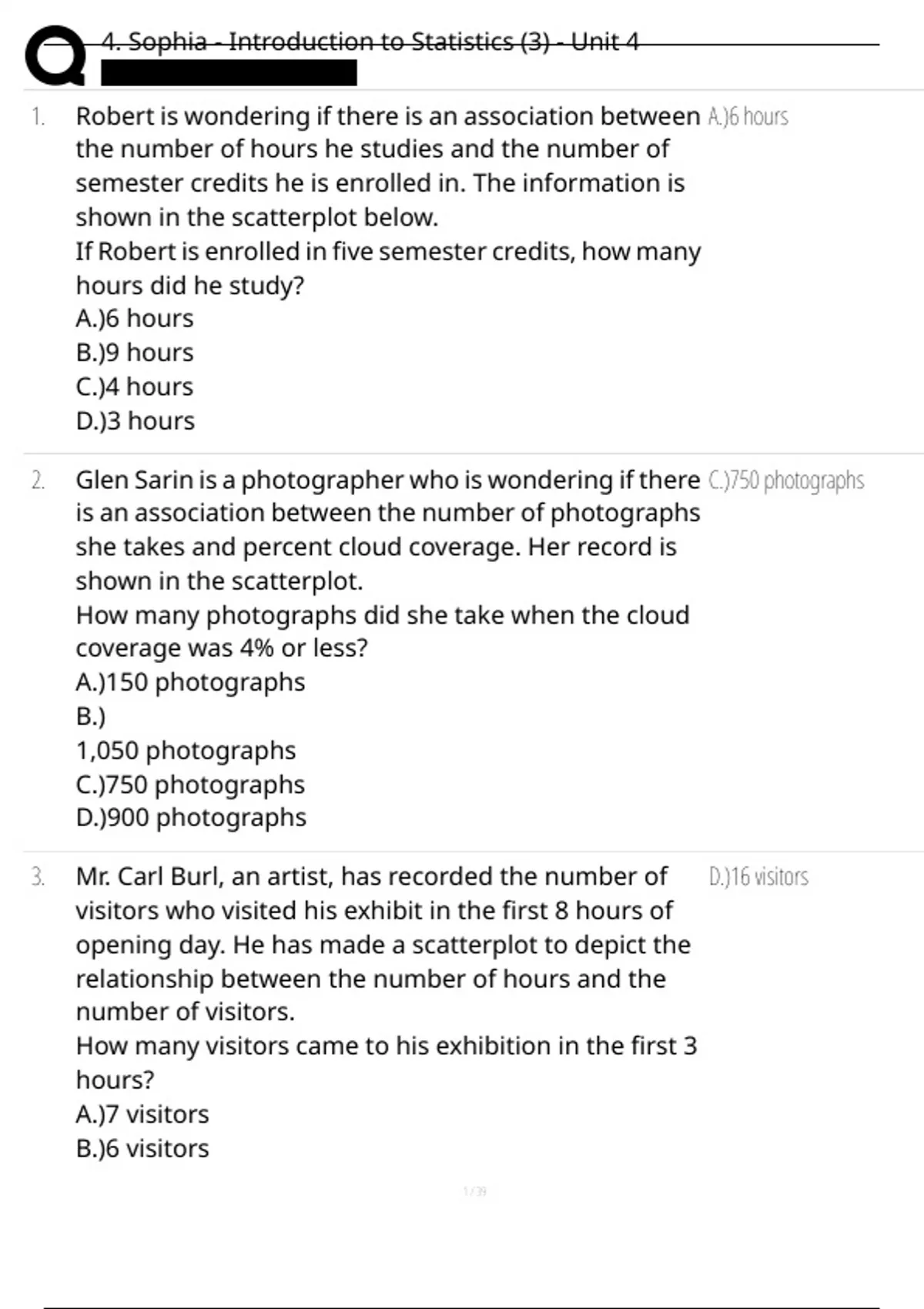 Sophia - Introduction to Statistics (3) - Unit 4 (2025) comprehensive questions and verified ...