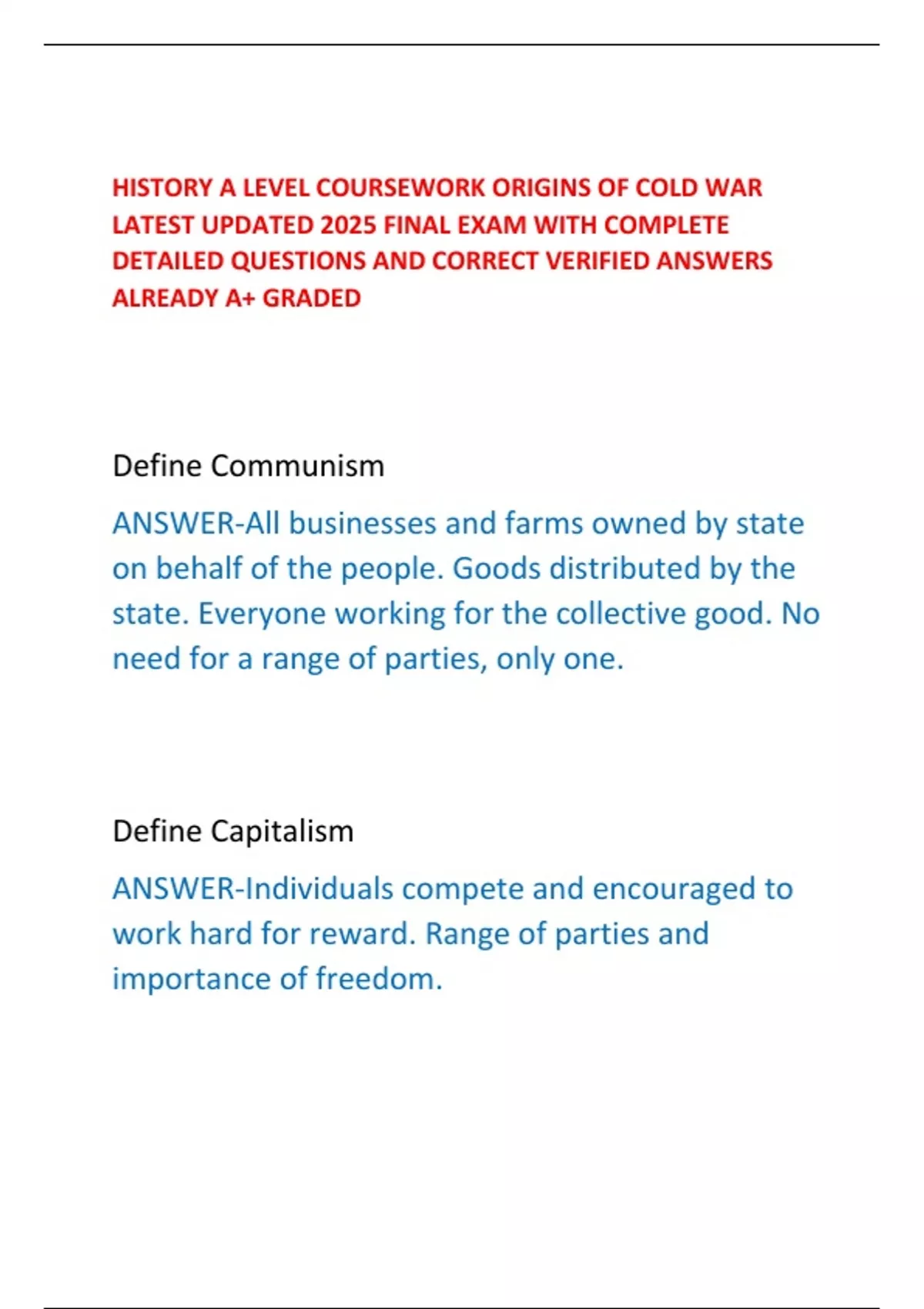 HISTORY A LEVEL COURSEWORK ORIGINS OF COLD WAR LATEST UPDATED 2025 ...