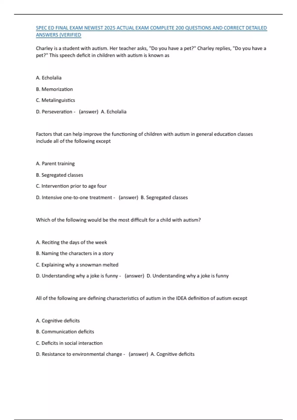 SPEC ED FINAL EXAM NEWEST 2025 ACTUAL EXAM COMPLETE 200 QUESTIONS AND ...
