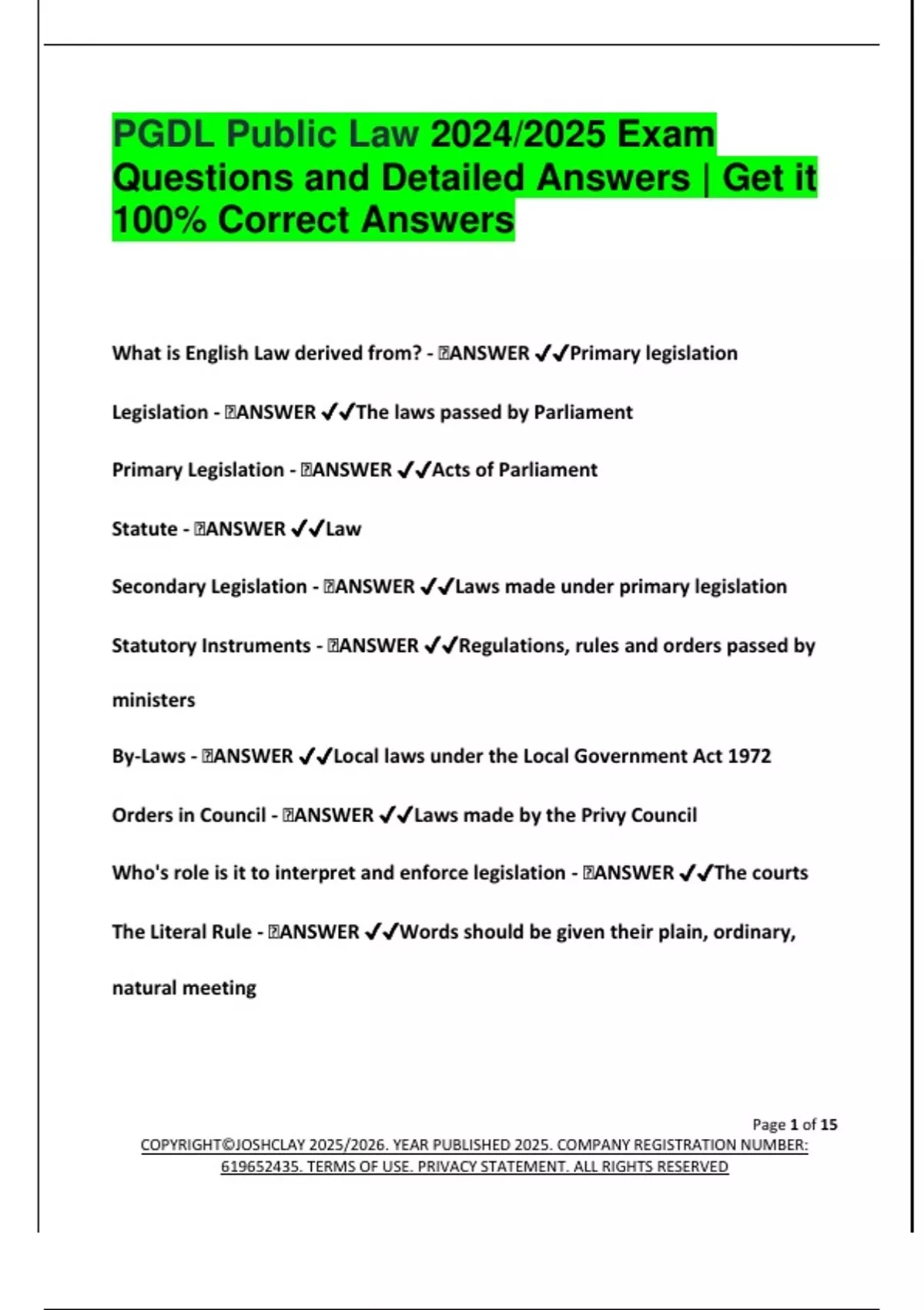 PGDL Public Law 2024/2025 Exam Questions and Detailed Answers | Get it 100% Correct Answers ...
