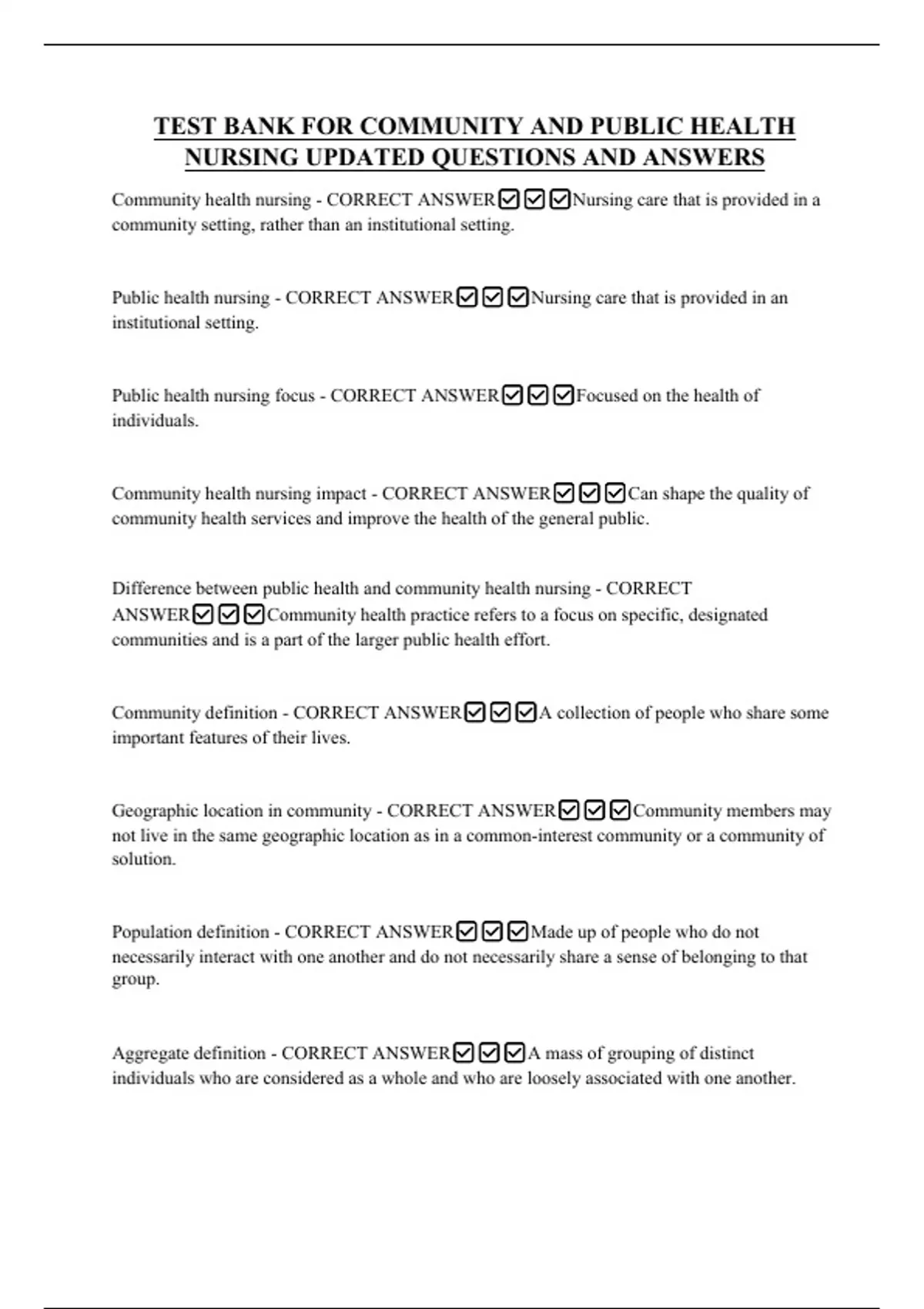 TEST BANK FOR COMMUNITY AND PUBLIC HEALTH NURSING UPDATED QUESTIONS AND ...