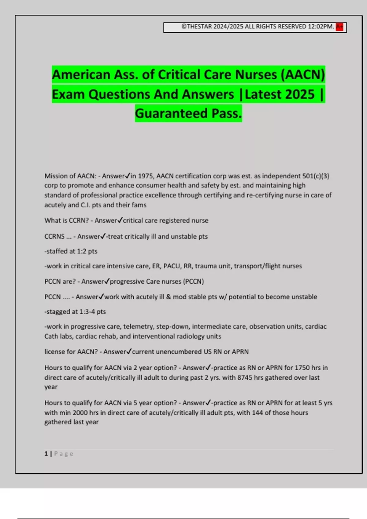 American Ass. of Critical Care Nurses (AACN) Exam Questions And Answers ...