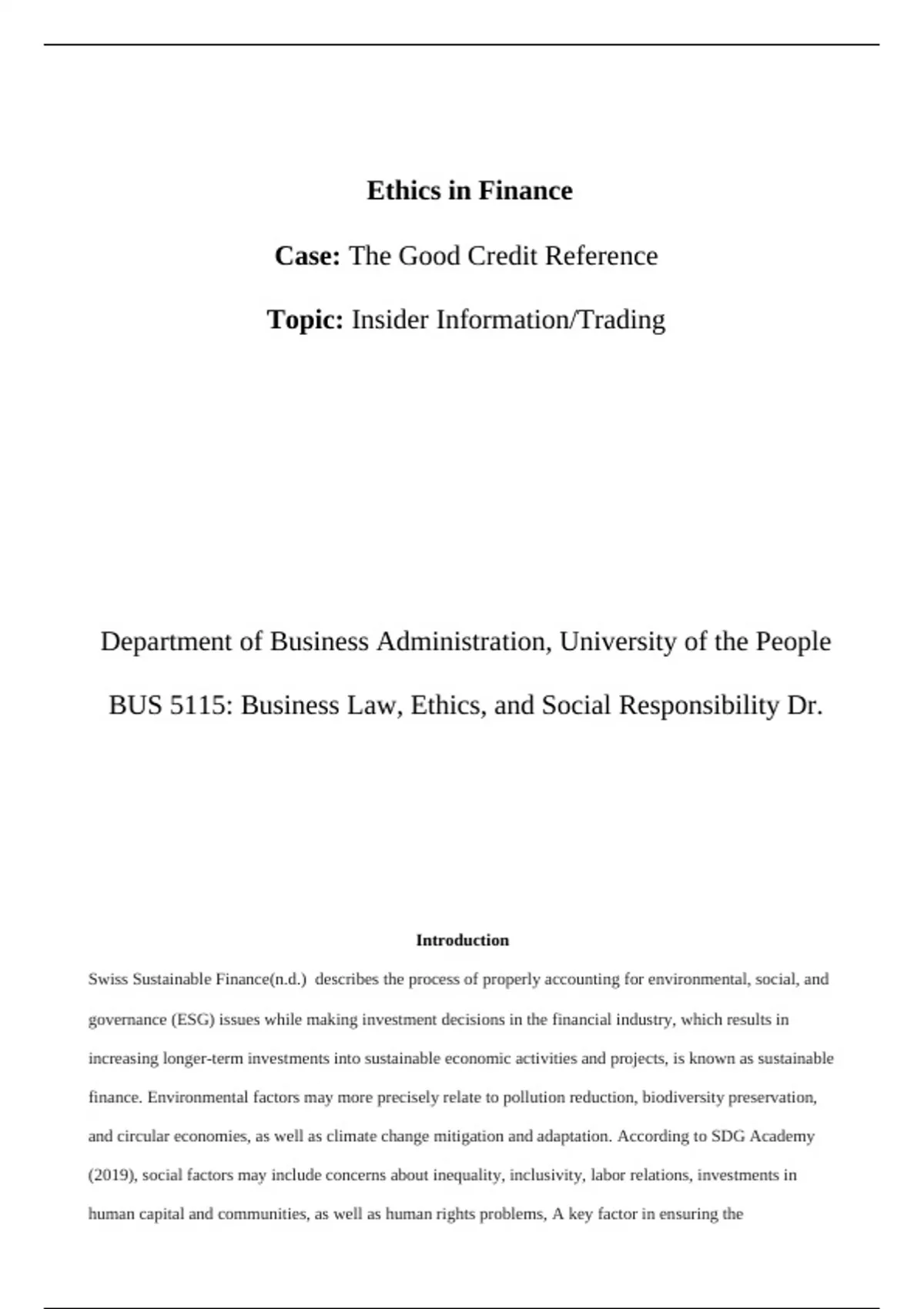 Summary Ethics in Finance Case: The Good Credit Reference Topic ...