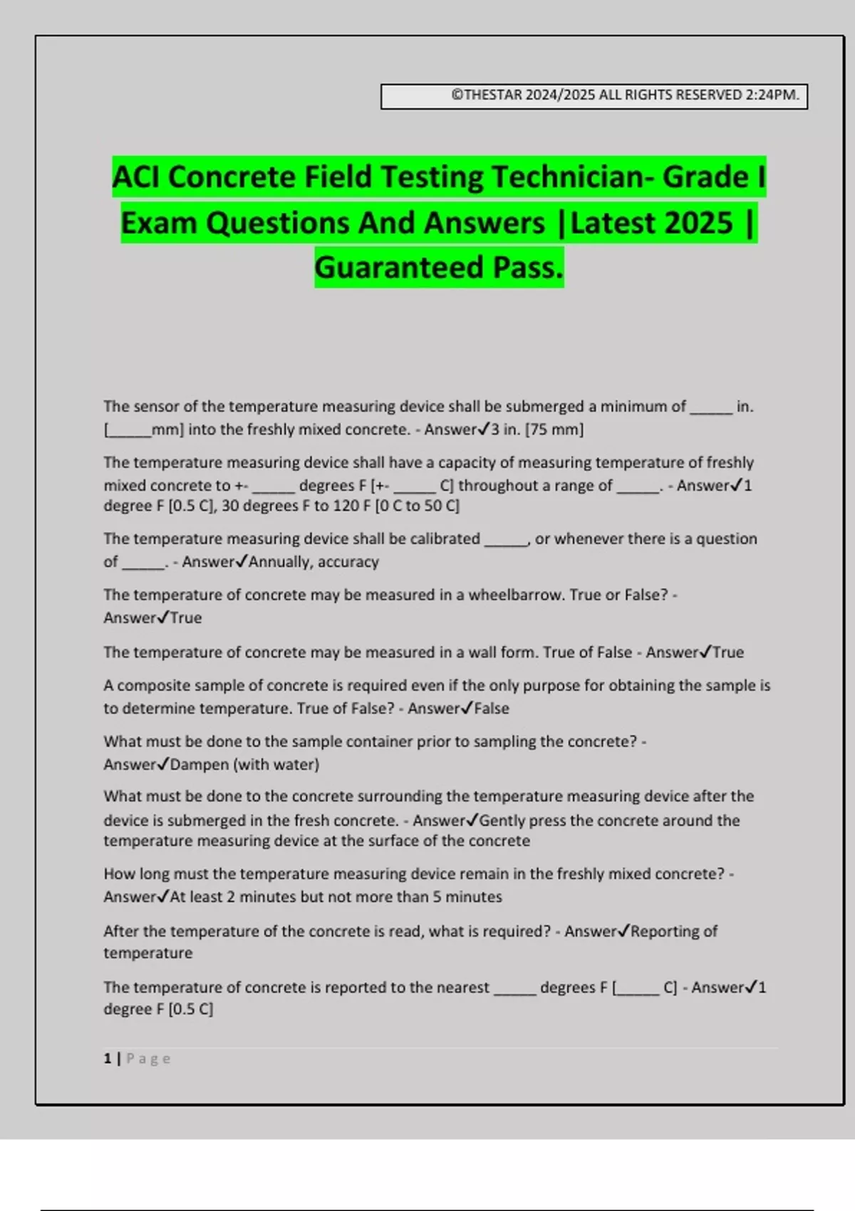 ACI Concrete Field Testing Technician- Grade I Exam Questions And ...