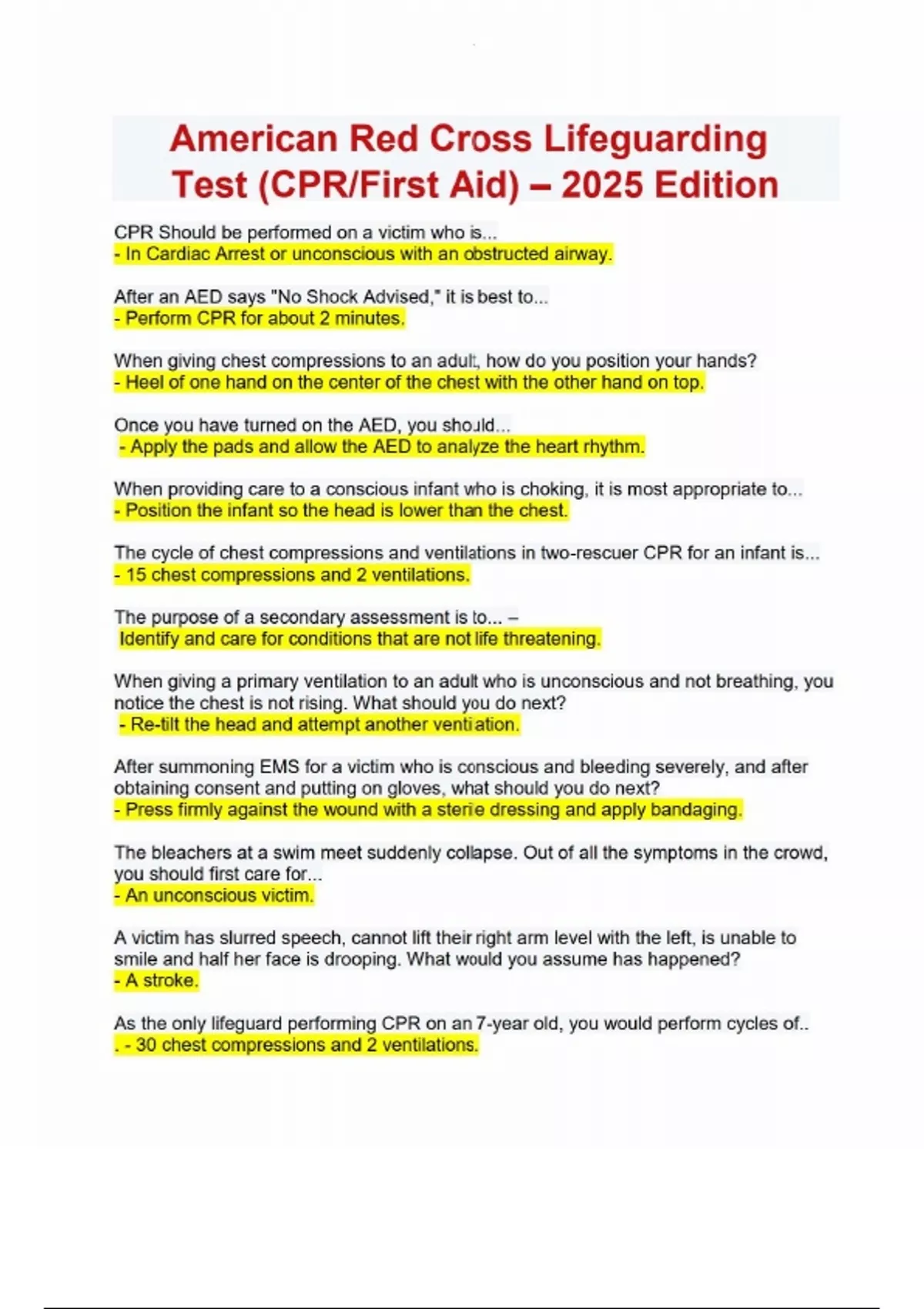American Red Cross Lifeguarding Test (CPR/First Aid) – 2025 Edition ...