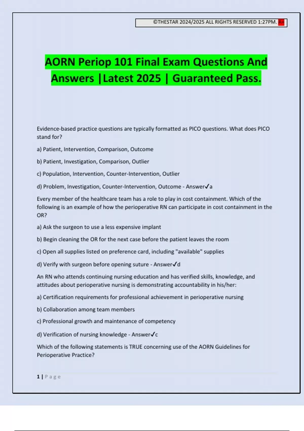 AORN Periop 101 Final Exam Questions And Answers |Latest 2025 ...