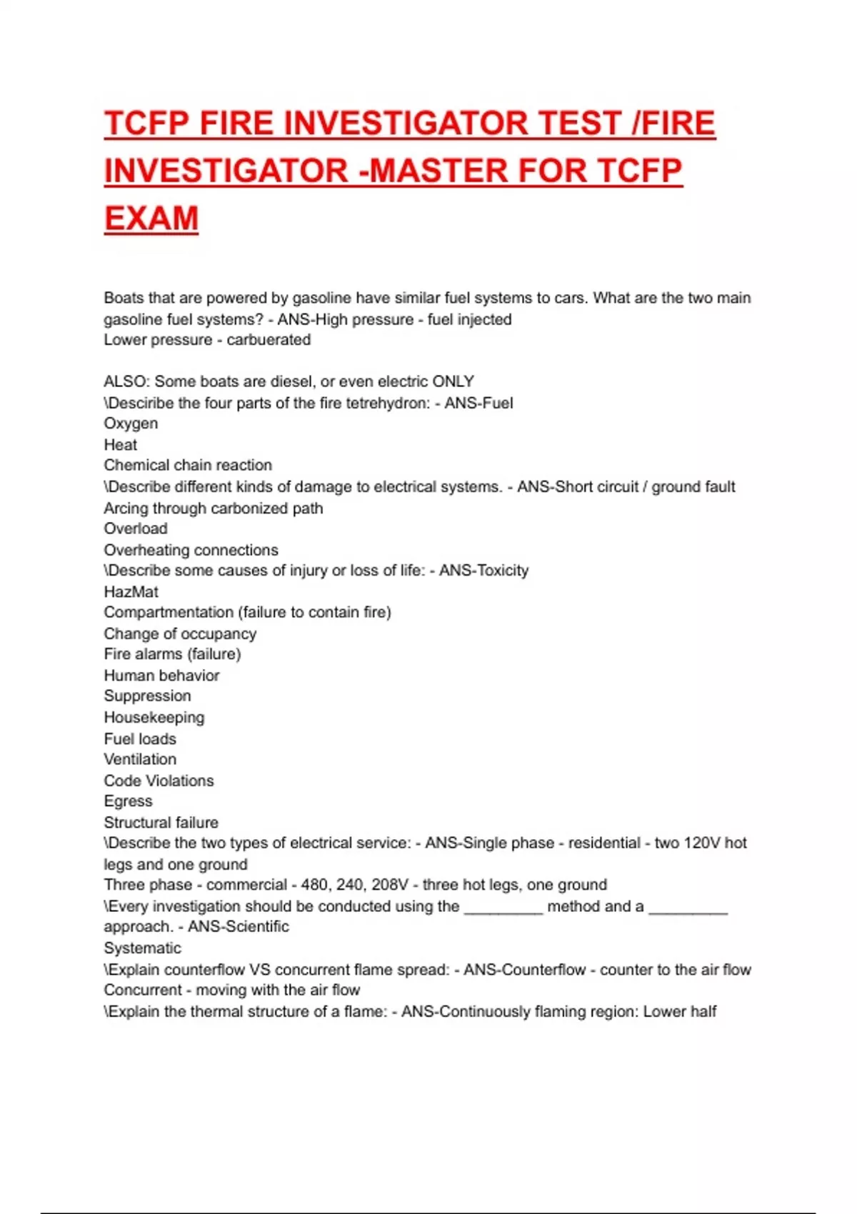 TCFP FIRE INVESTIGATOR TEST /FIRE INVESTIGATOR -MASTER FOR TCFP EXAM ...