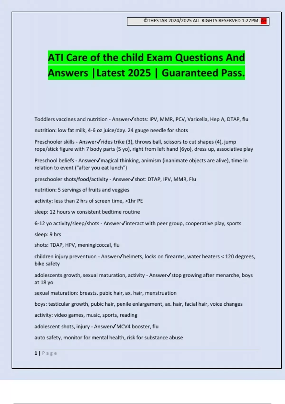 ATI Care of the child Exam Questions And Answers |Latest 2025 ...