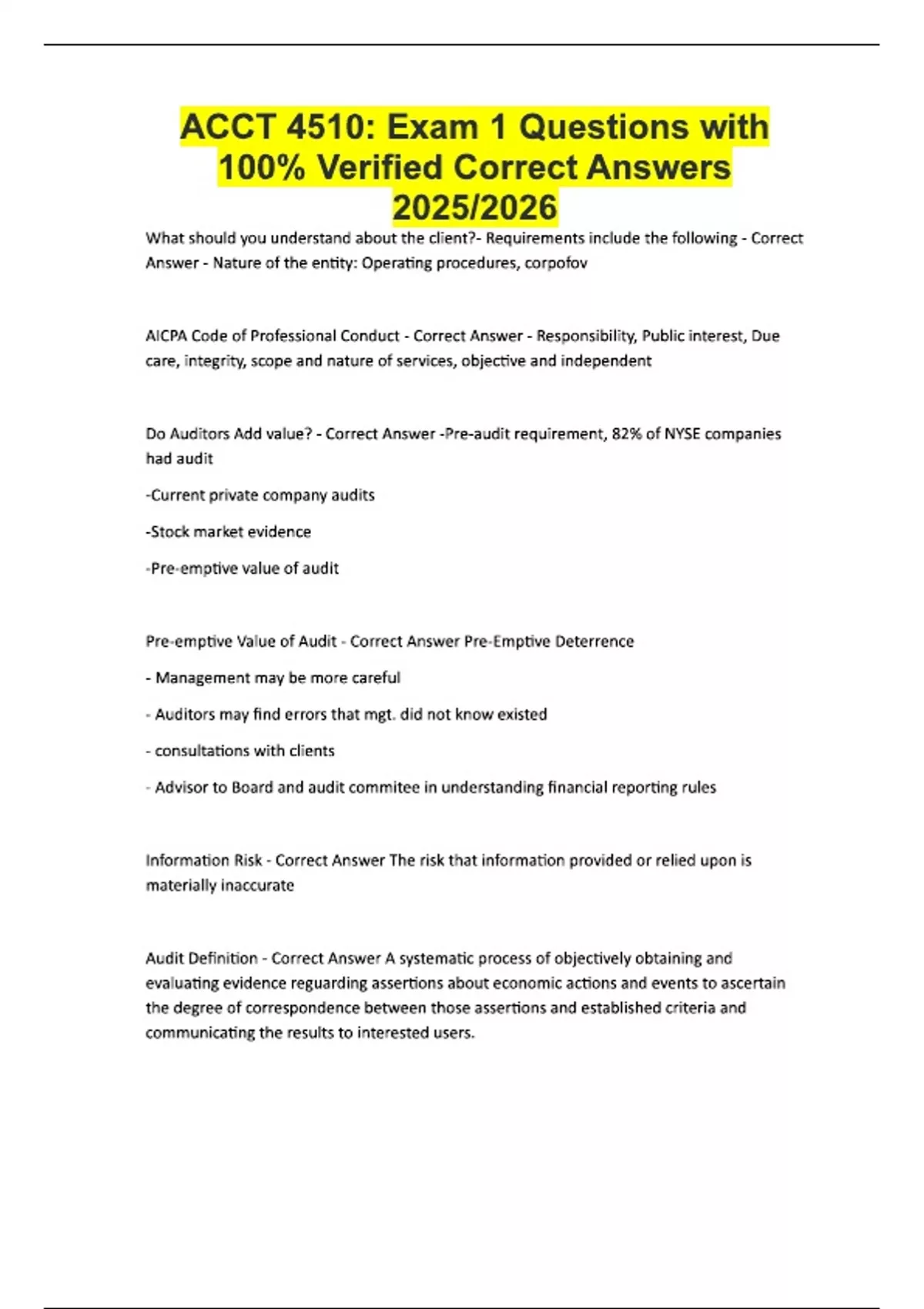 ACCT 4510: Exam 1 Questions with 100% Verified Correct Answers 2025/ ...