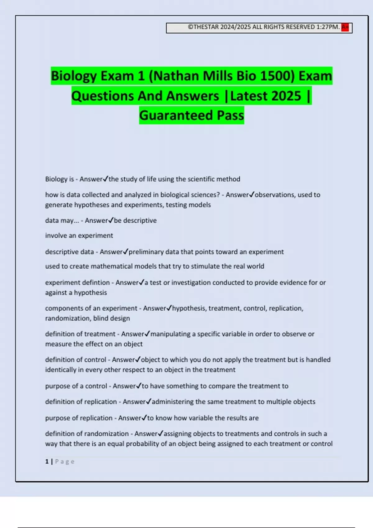 Biology Exam 1 (Nathan Mills Bio 1500) Exam Questions And Answers ...