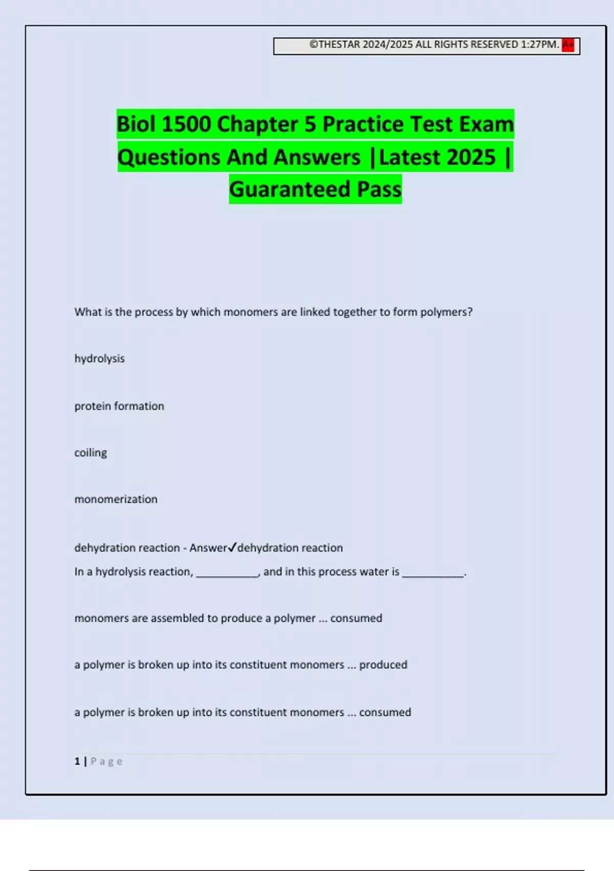 Biol 1500 Chapter 5 Practice Test Exam Questions And Answers |Latest ...