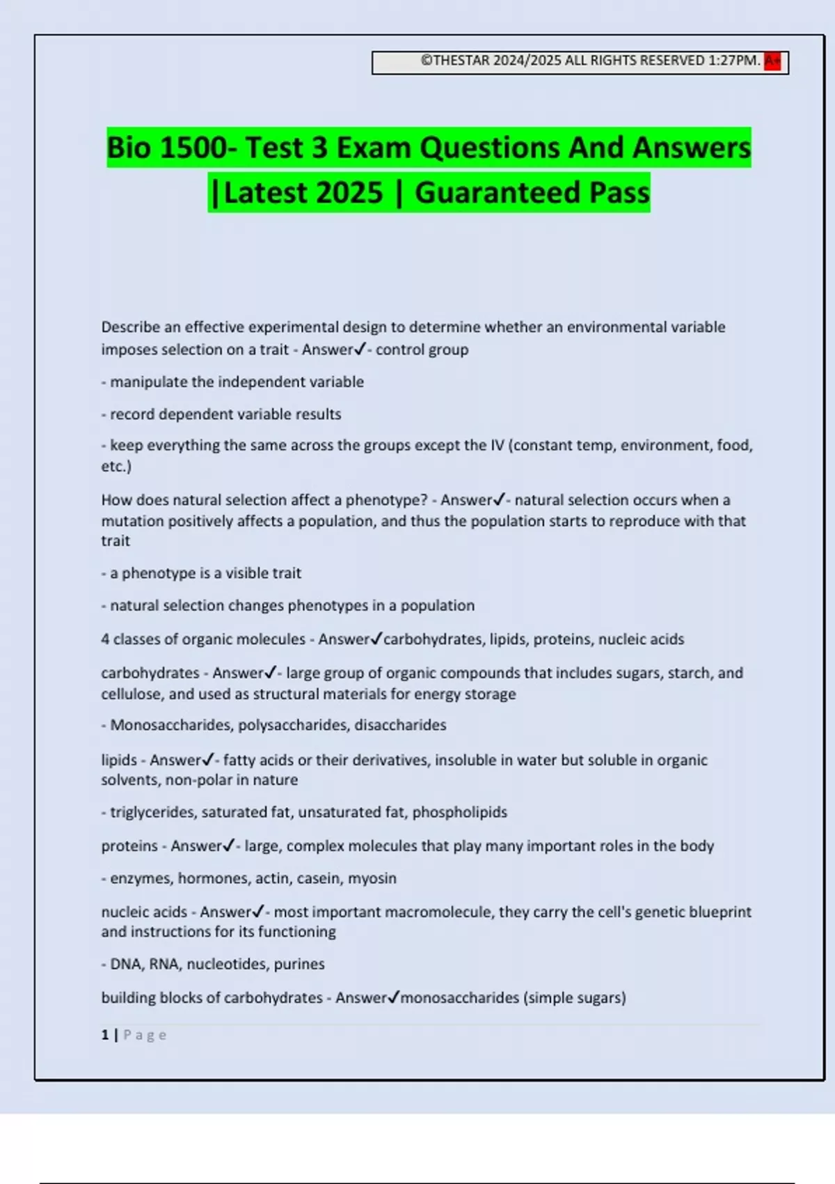 Bio 1500- Test 3 Exam Questions And Answers |Latest 2025 | Guaranteed ...