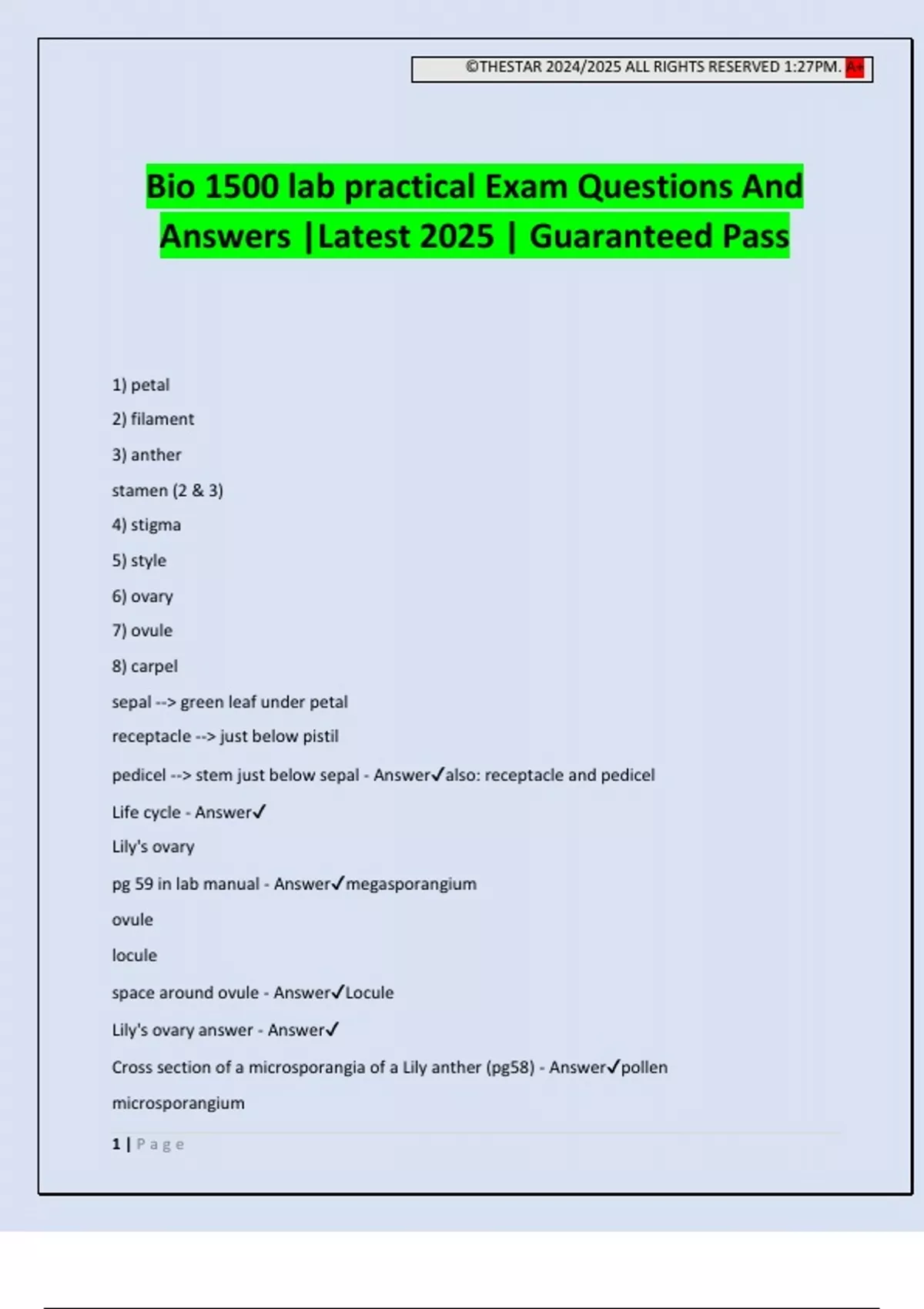 Bio 1500 lab practical Exam Questions And Answers |Latest 2025 ...