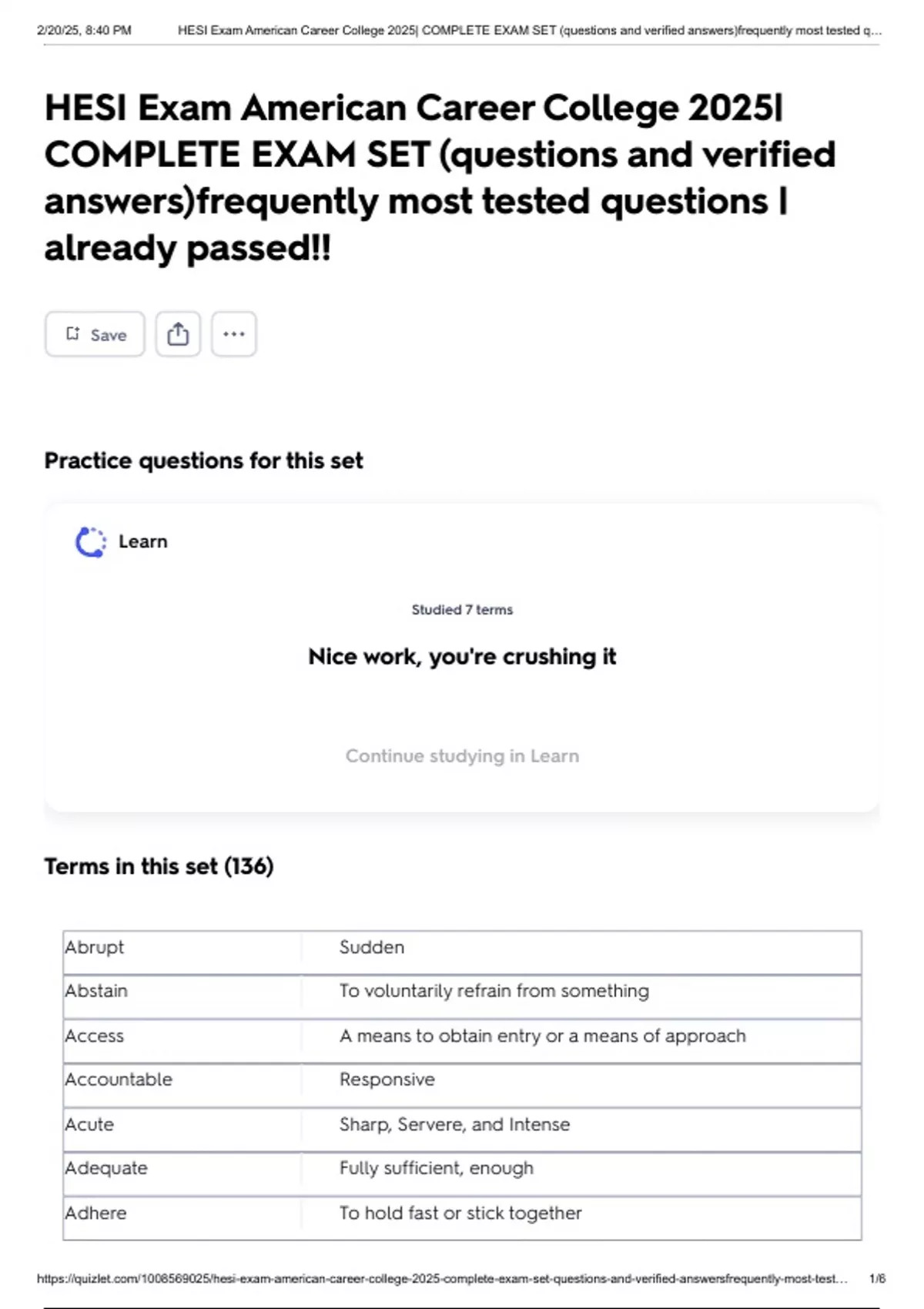 HESI Exam American Career College 2025| COMPLETE EXAM SET (questions ...