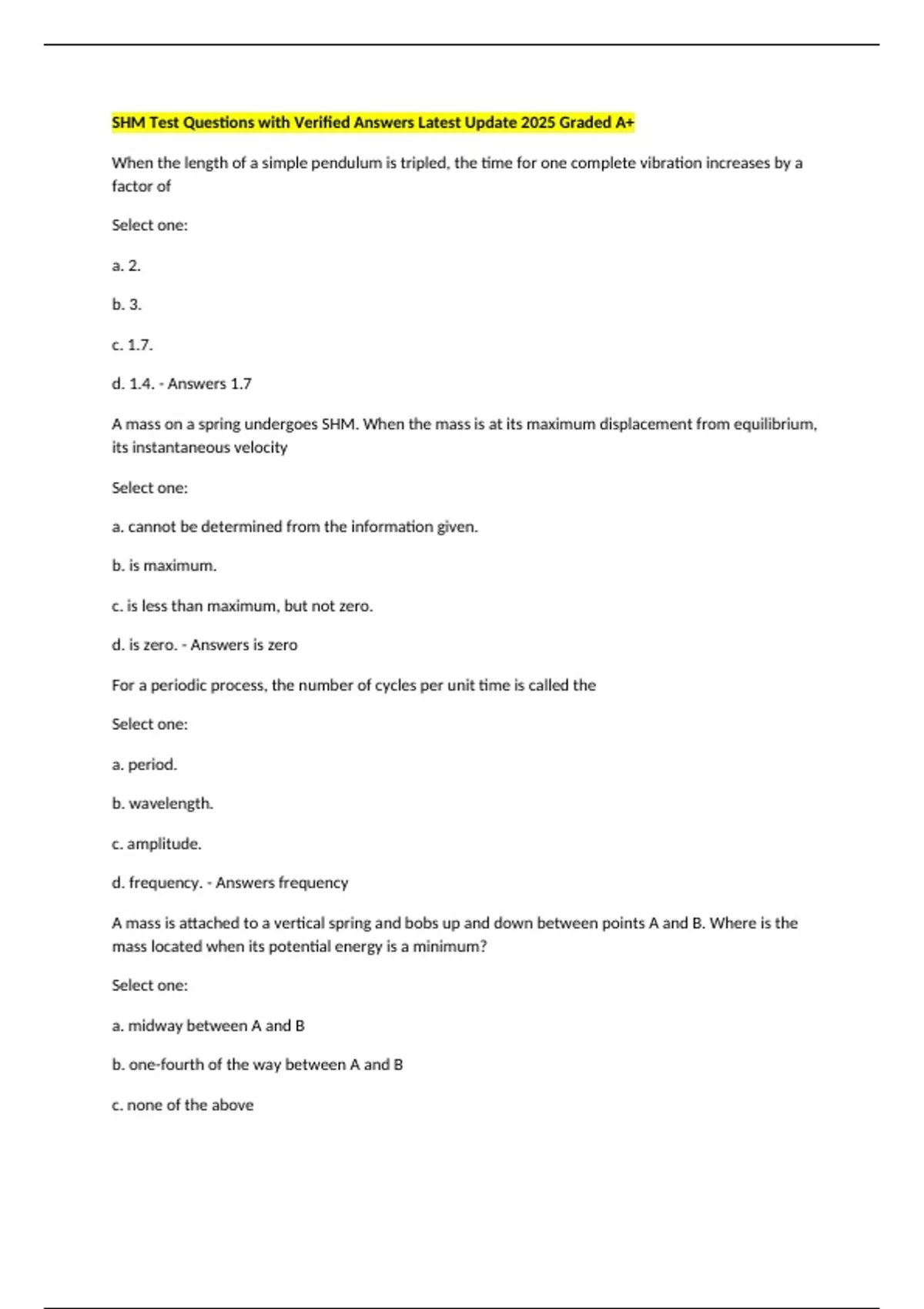 SHM Test Questions with Verified Answers Latest Update 2025 Graded A+ ...