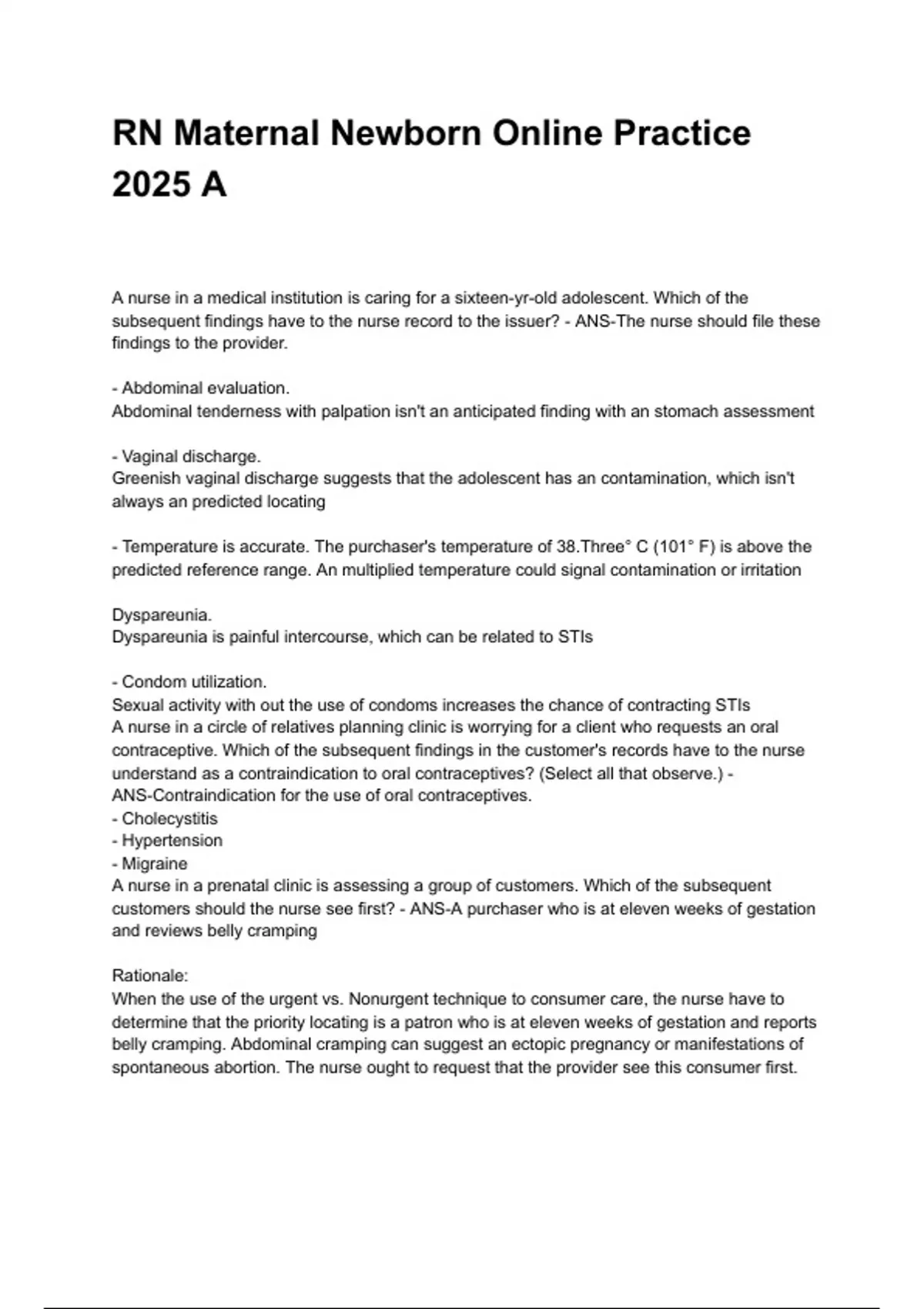 RN Maternal Newborn Online Practice 2025 A NEWEST 2025/2026 ACTUAL EXAM ...