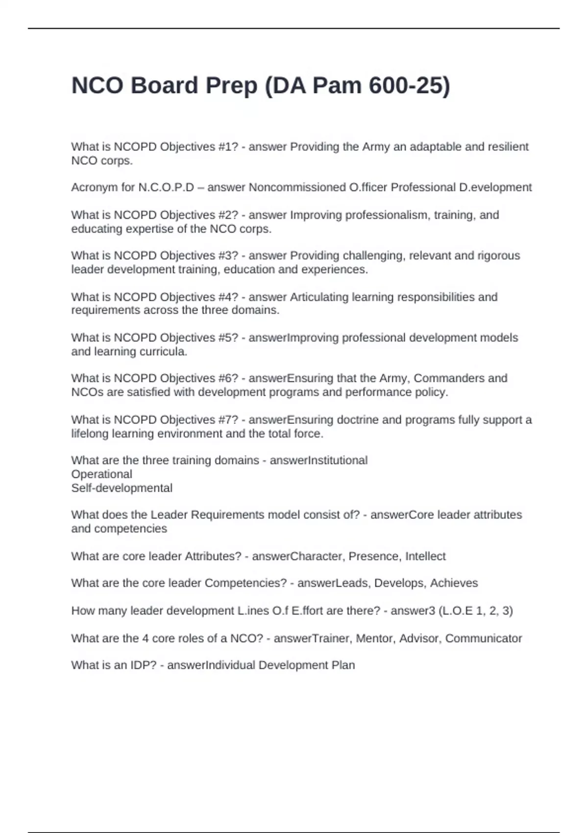 NCO Board Prep (DA Pam 600-25) Questions and Answers 100% Correct - NCO ...