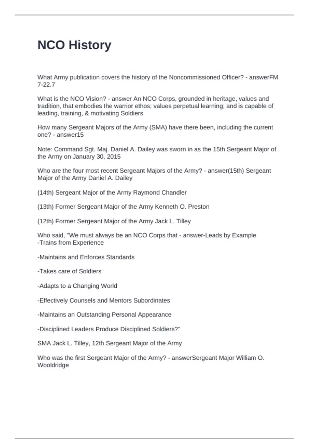 NCO History Questions and Answers 100% Correct - NCO Board - Stuvia US