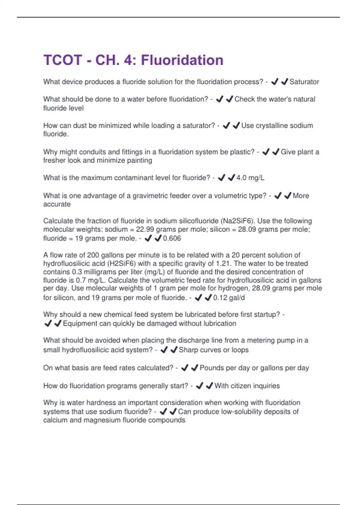 TCOT - CH. 4: Fluoridation Questions and Answers 100% Solved correctly ...