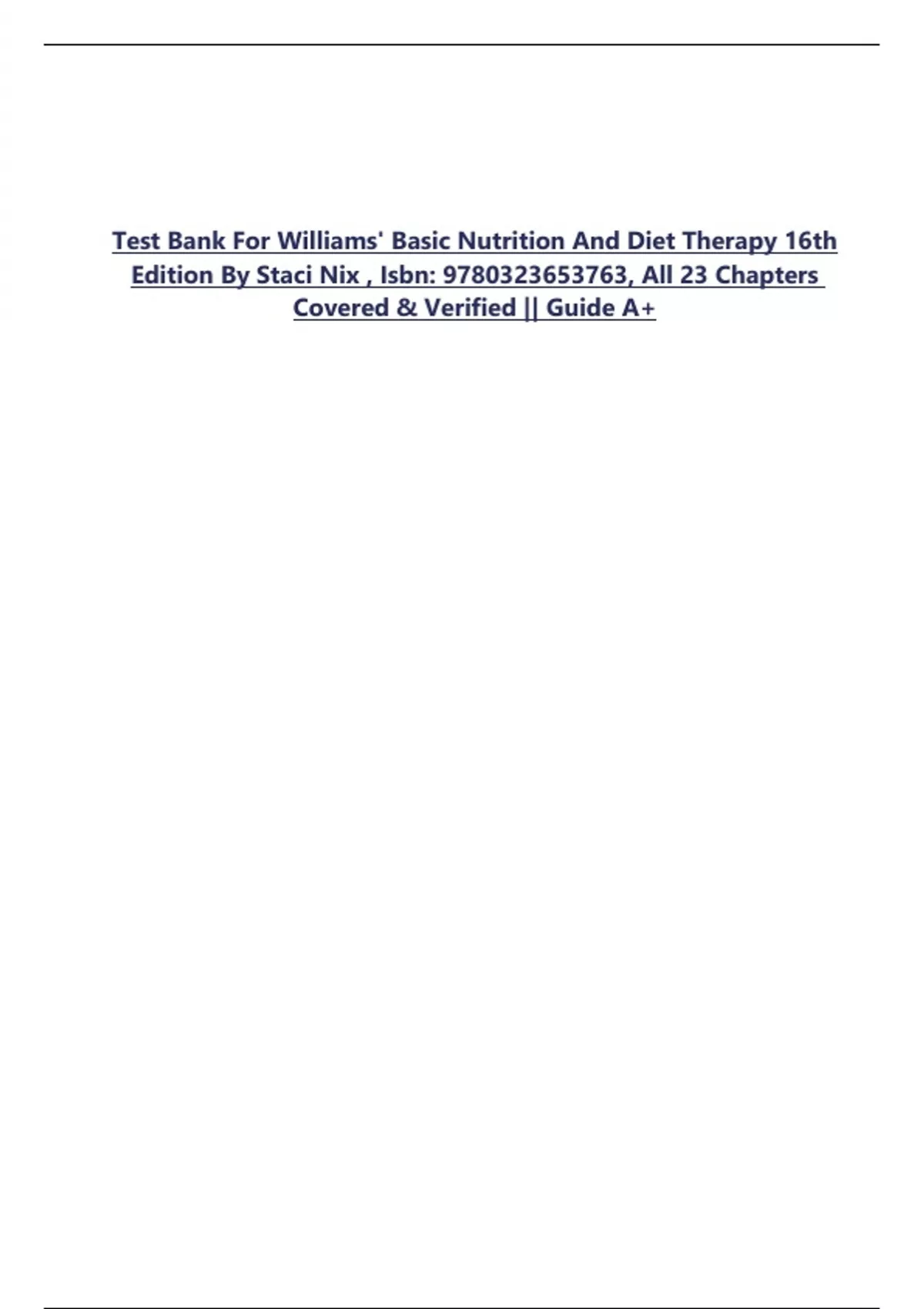 TEST BANK FOR Williams' Basic Nutrition and Diet Therapy 16th Edition ...