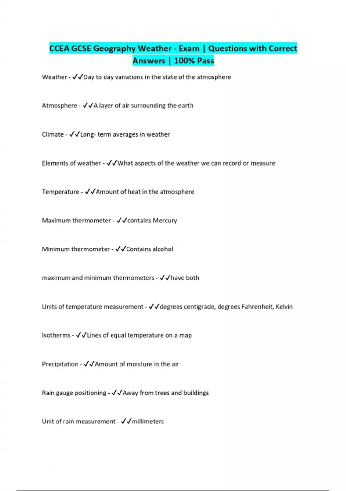 CCEA GCSE Geography Weather - Exam | Questions with Correct Answers ...