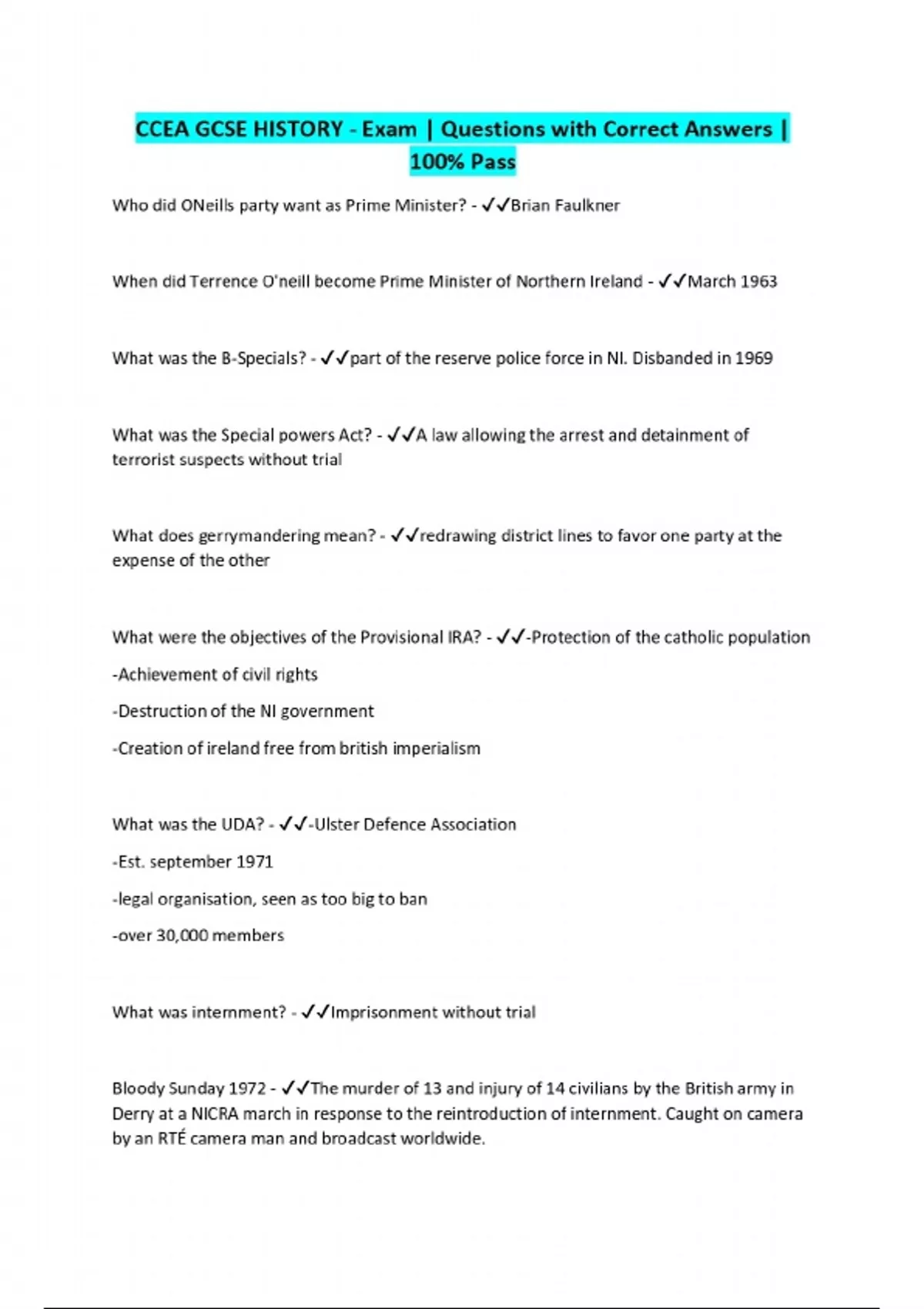 CCEA GCSE HISTORY - Exam | Questions with Correct Answers | 100% Pass ...