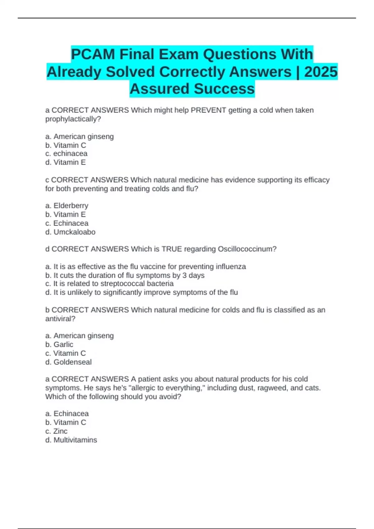 PCAM Final Exam Questions With Already Solved Correctly Answers | 2025 ...