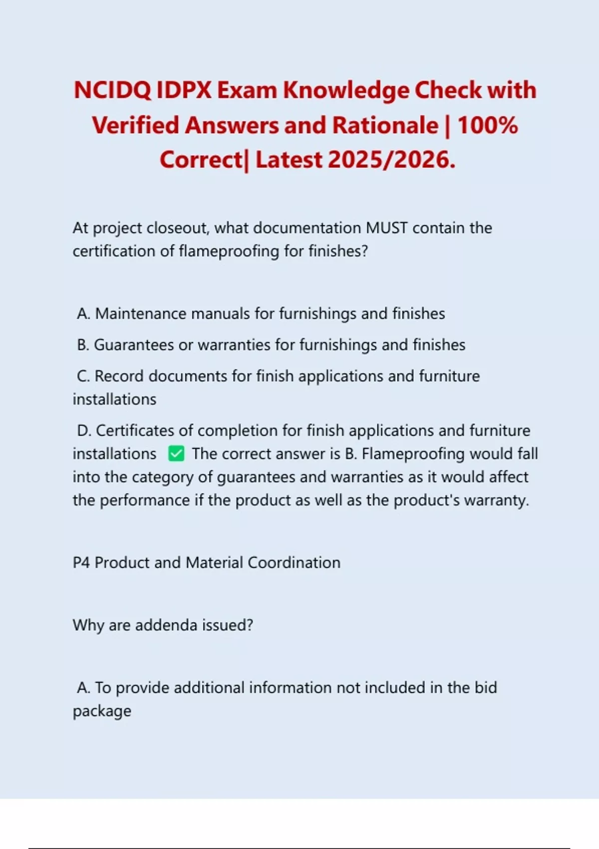 NCIDQ IDPX Exam Knowledge Check with Verified Answers and Rationale ...