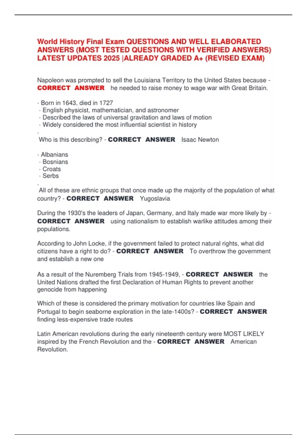 World History Final Exam QUESTIONS AND WELL ELABORATED ANSWERS (MOST ...