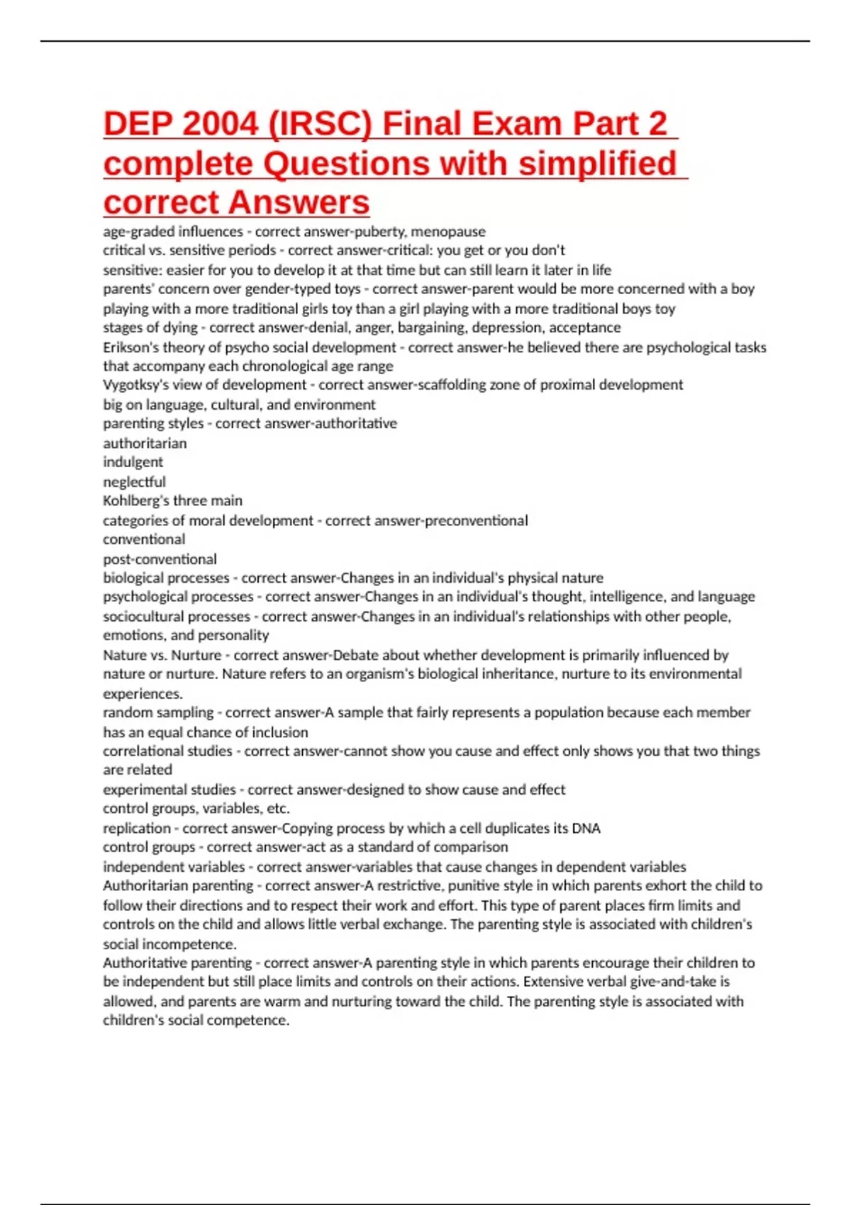 DEP 2004 (IRSC) Final Exam Part 2 complete Questions with simplified ...