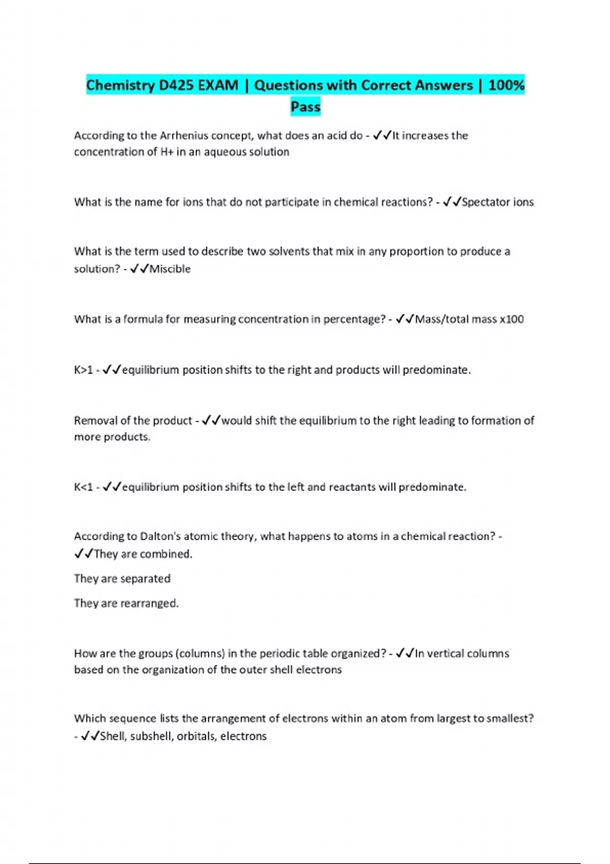 Chemistry D425 EXAM | Questions with Correct Answers | 100% Pass ...