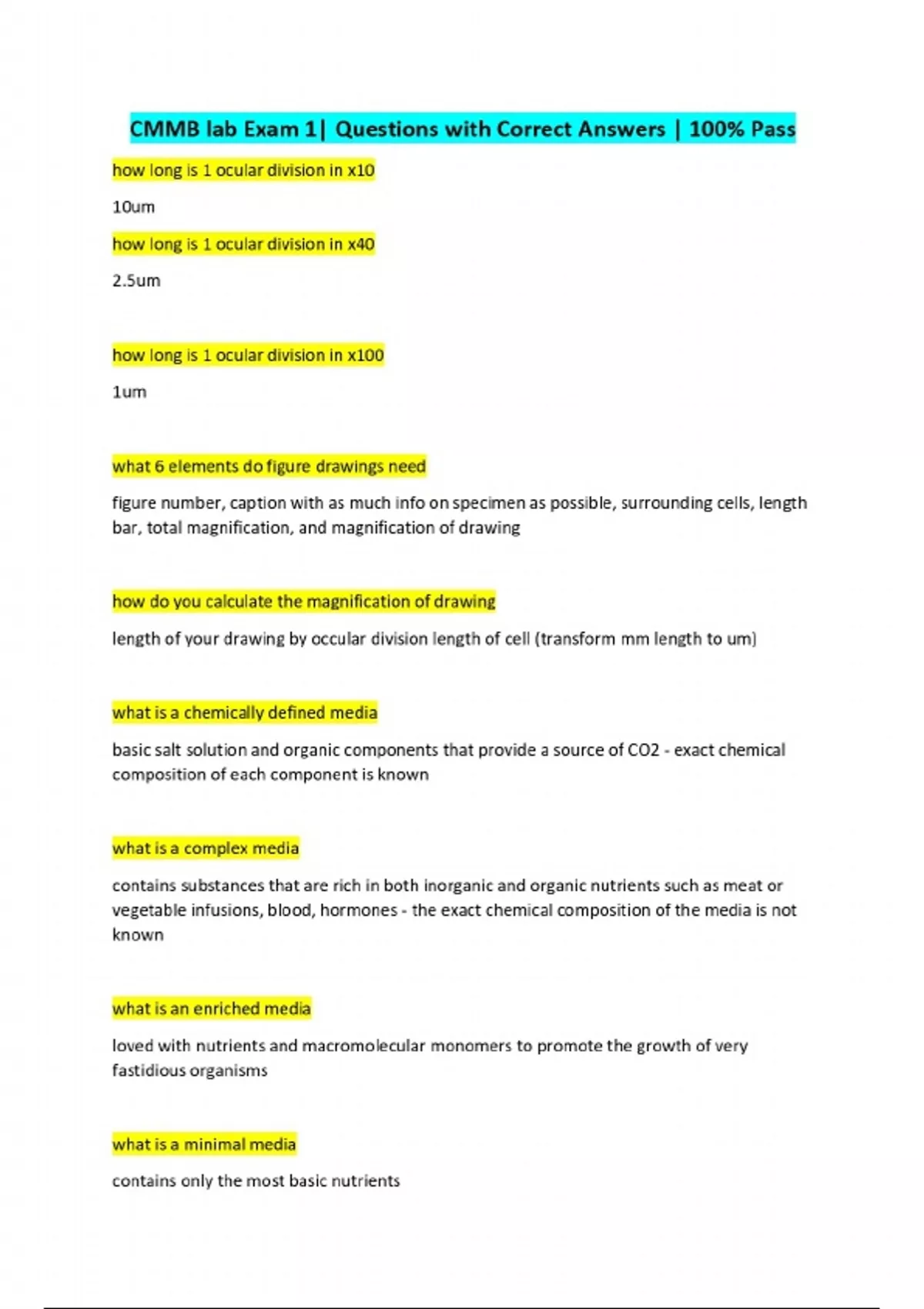 CMMB lab Exam 1| Questions with Correct Answers | 100% Pass - CMMB Lab ...
