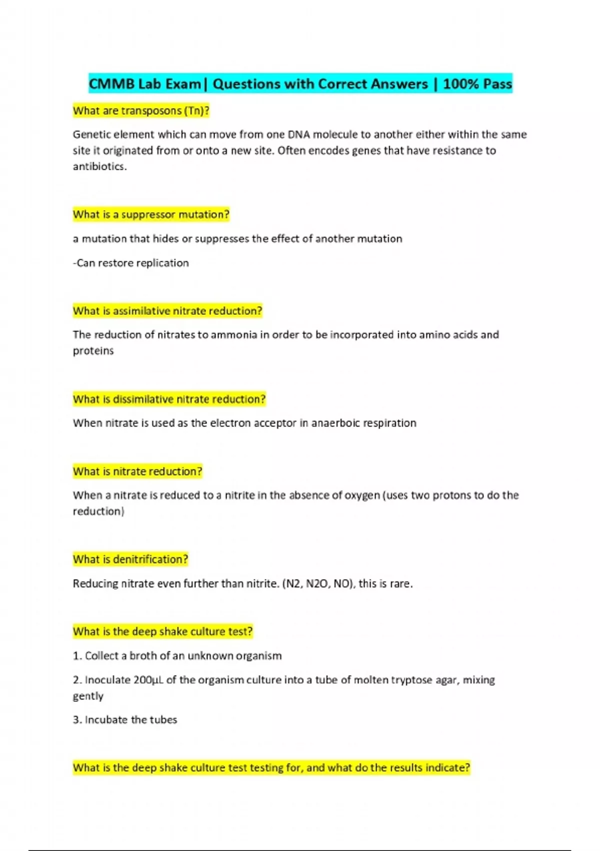 CMMB Lab Exam| Questions with Correct Answers | 100% Pass - CMMB Lab ...