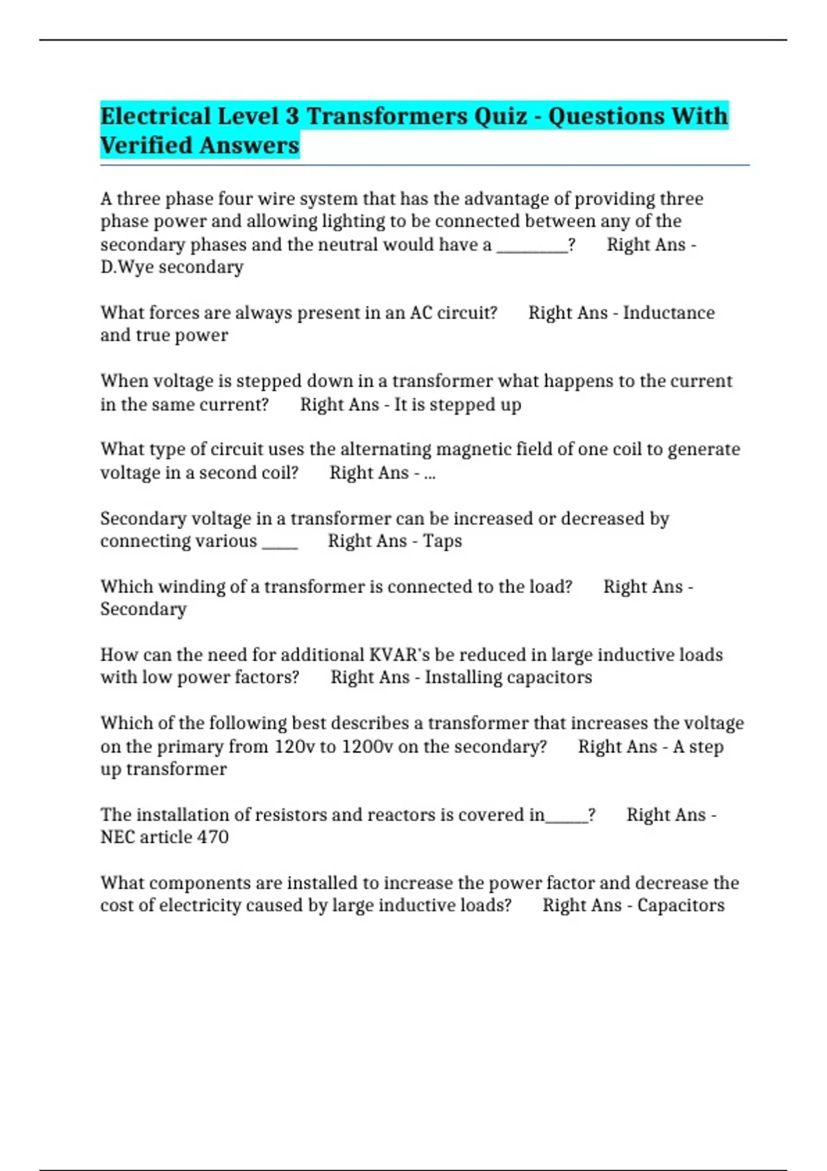 Electrical Level 3 Transformers Quiz - Questions With Verified Answers ...