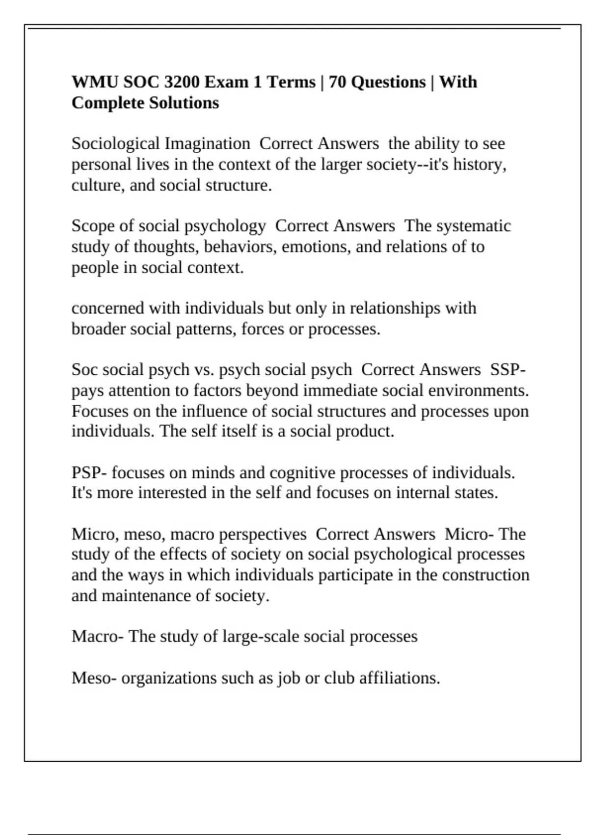 WMU SOC 3200 Exam 1 Terms | 70 Questions | With Complete Solutions ...