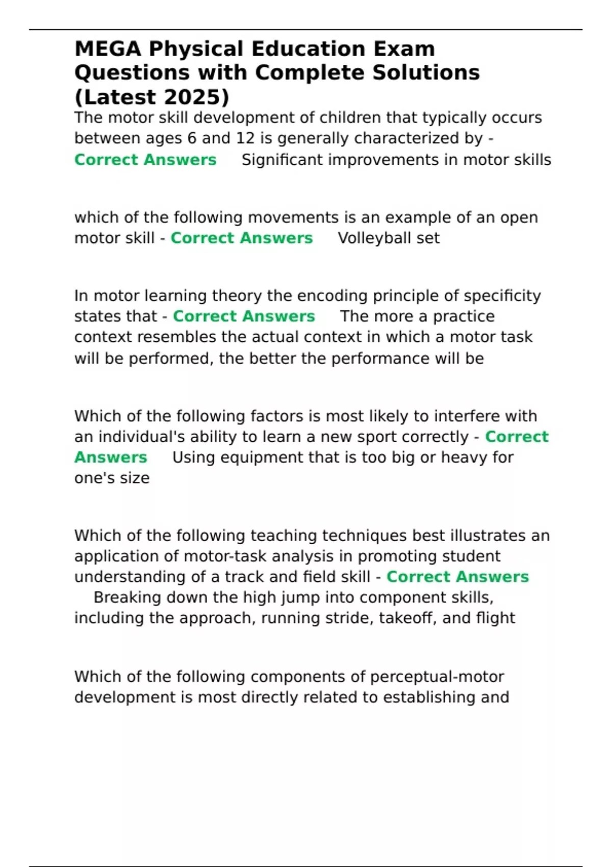 MEGA Physical Education Exam Questions with Complete Solutions (Latest ...