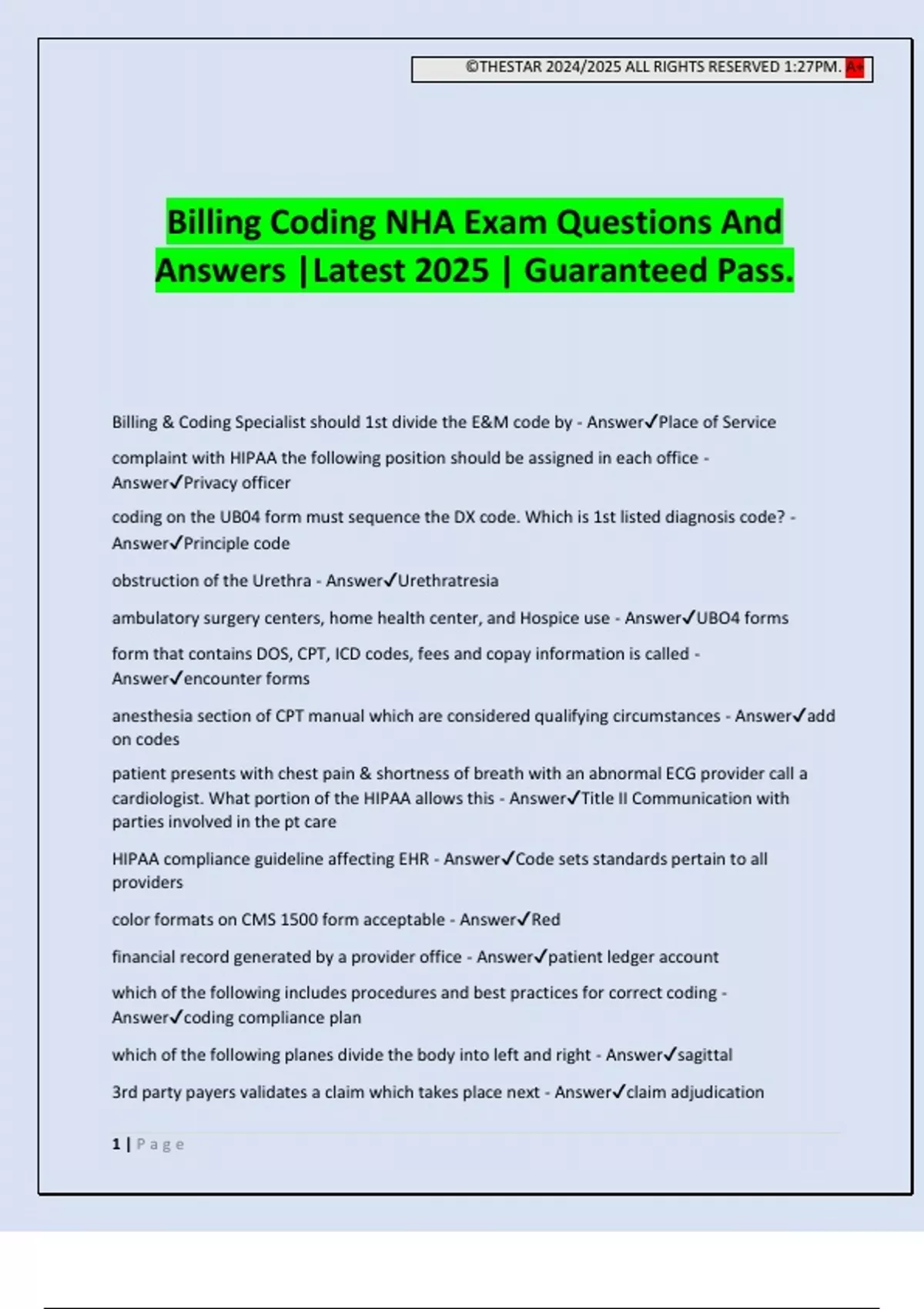 Billing Coding NHA Exam Questions And Answers |Latest 2025 | Guaranteed ...