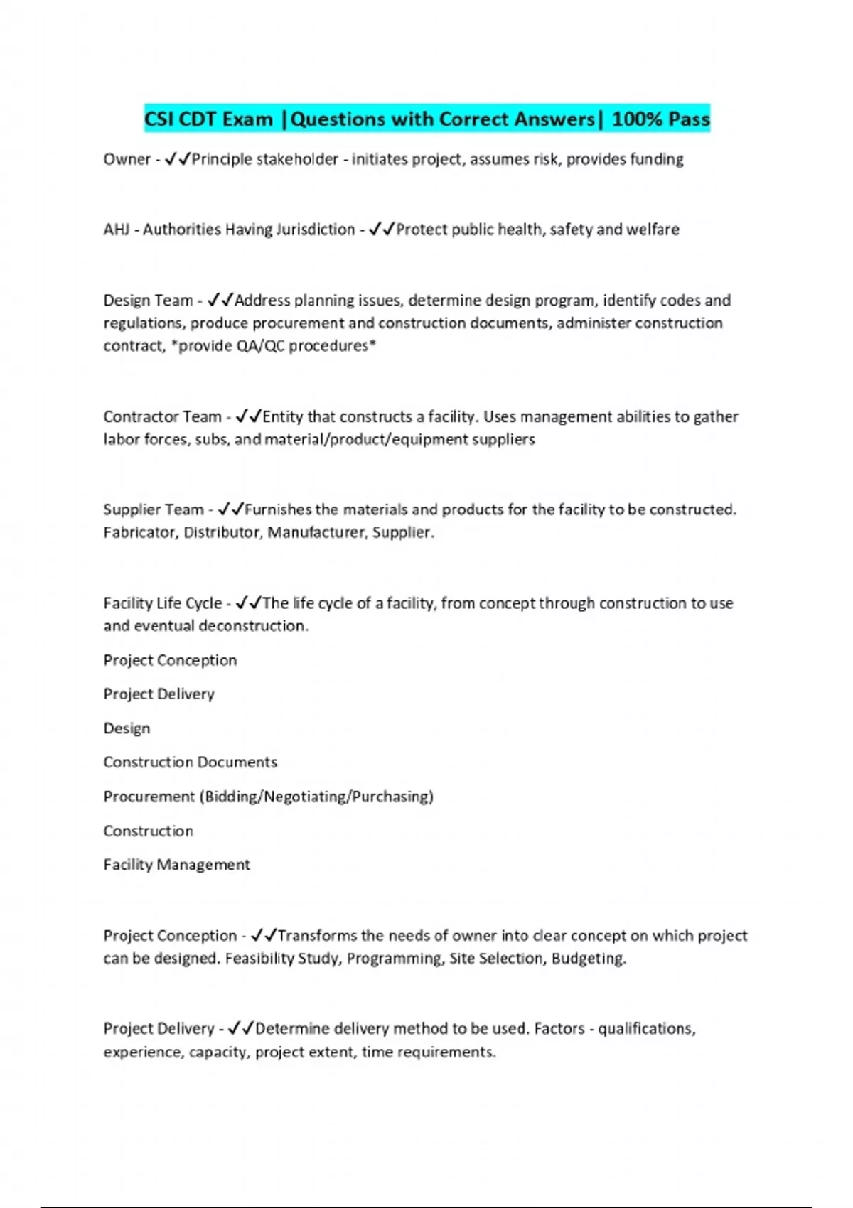 CSI CDT Exam |Questions with Correct Answers| 100% Pass - CSI CDT - Stuvia US