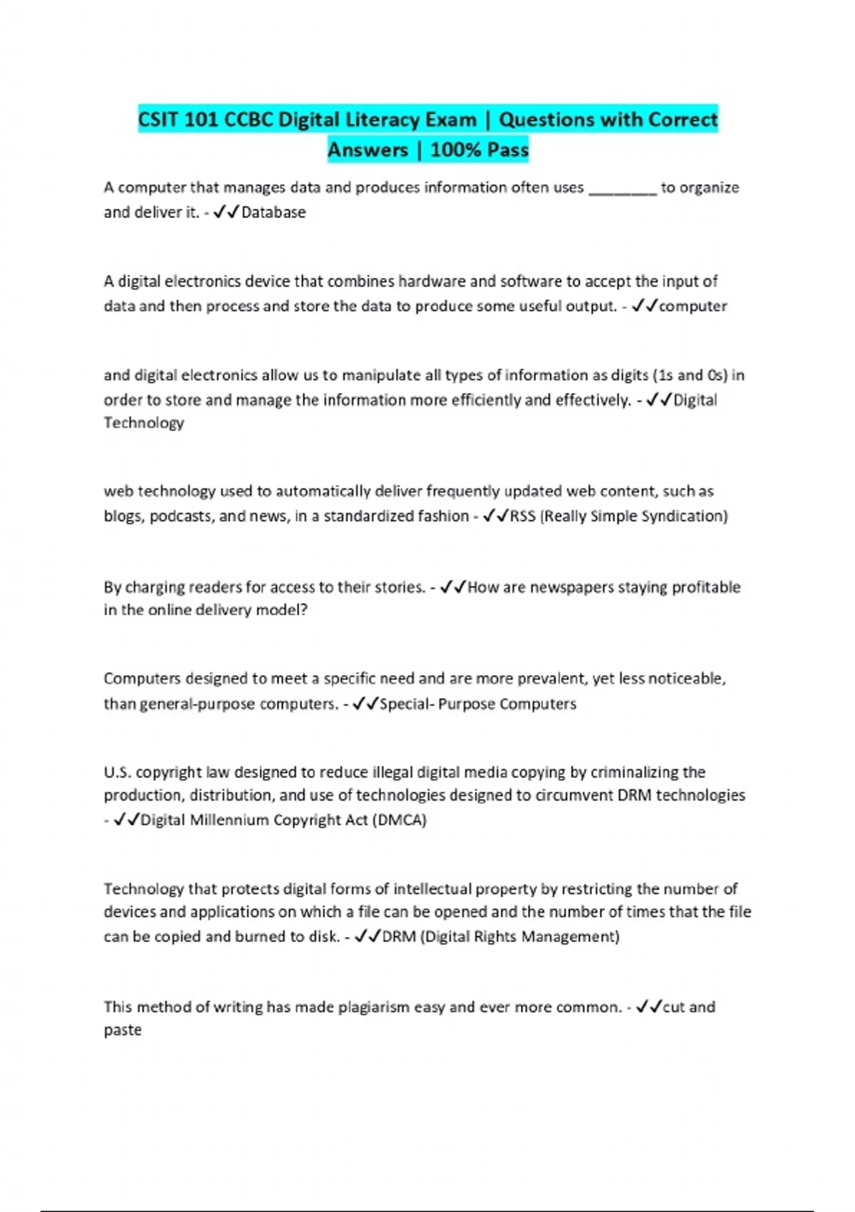 CSIT 101 CCBC Digital Literacy Exam | Questions with Correct Answers | 100% Pass - CSIT 101 ...