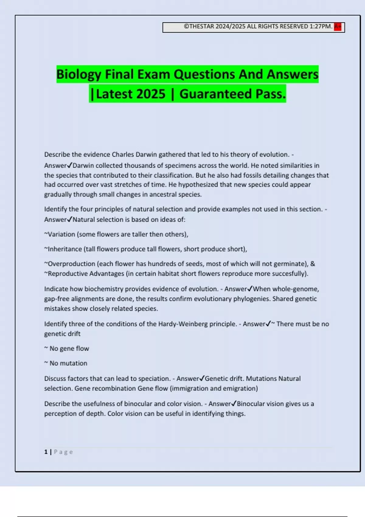 Biology Final Exam Questions And Answers |Latest 2025 | Guaranteed Pass ...