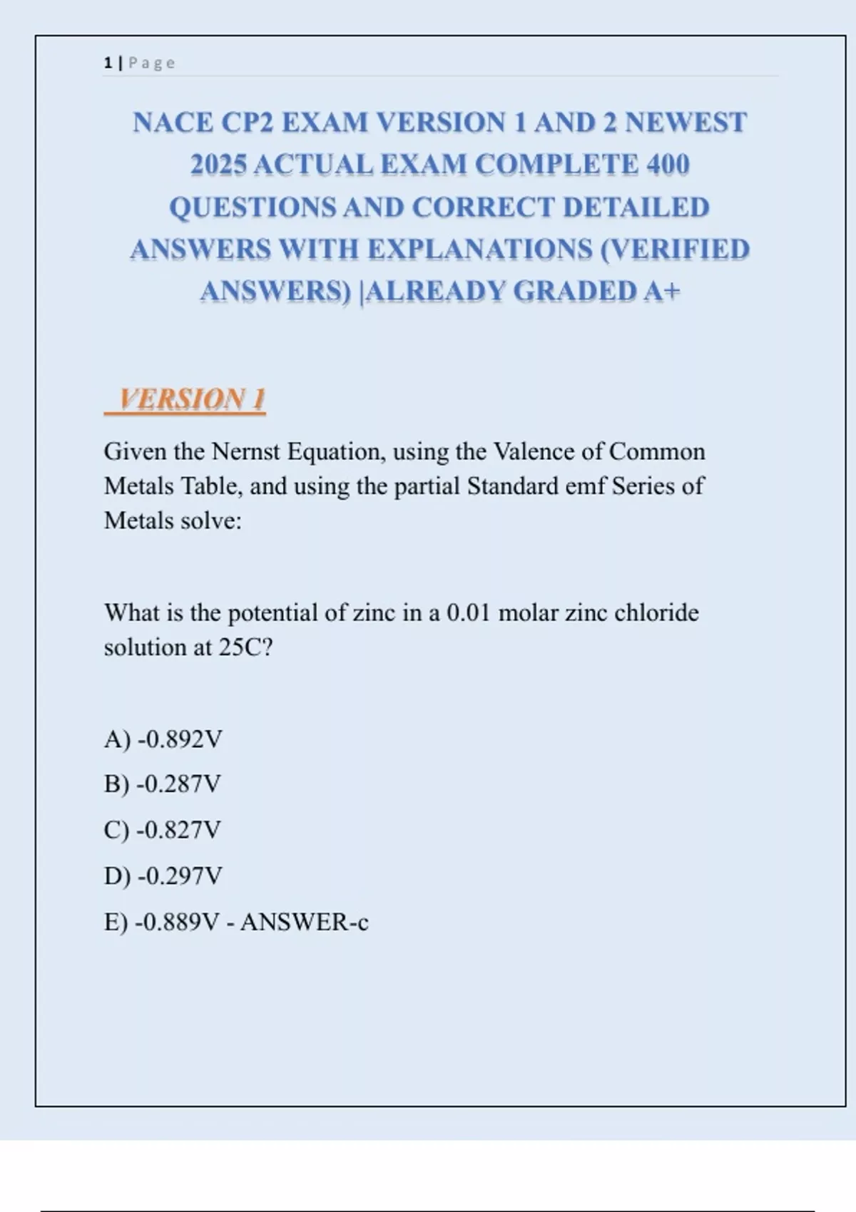 NACE CP2 EXAM VERSION 1 AND 2 NEWEST 2025 ACTUAL EXAM COMPLETE 400 ...