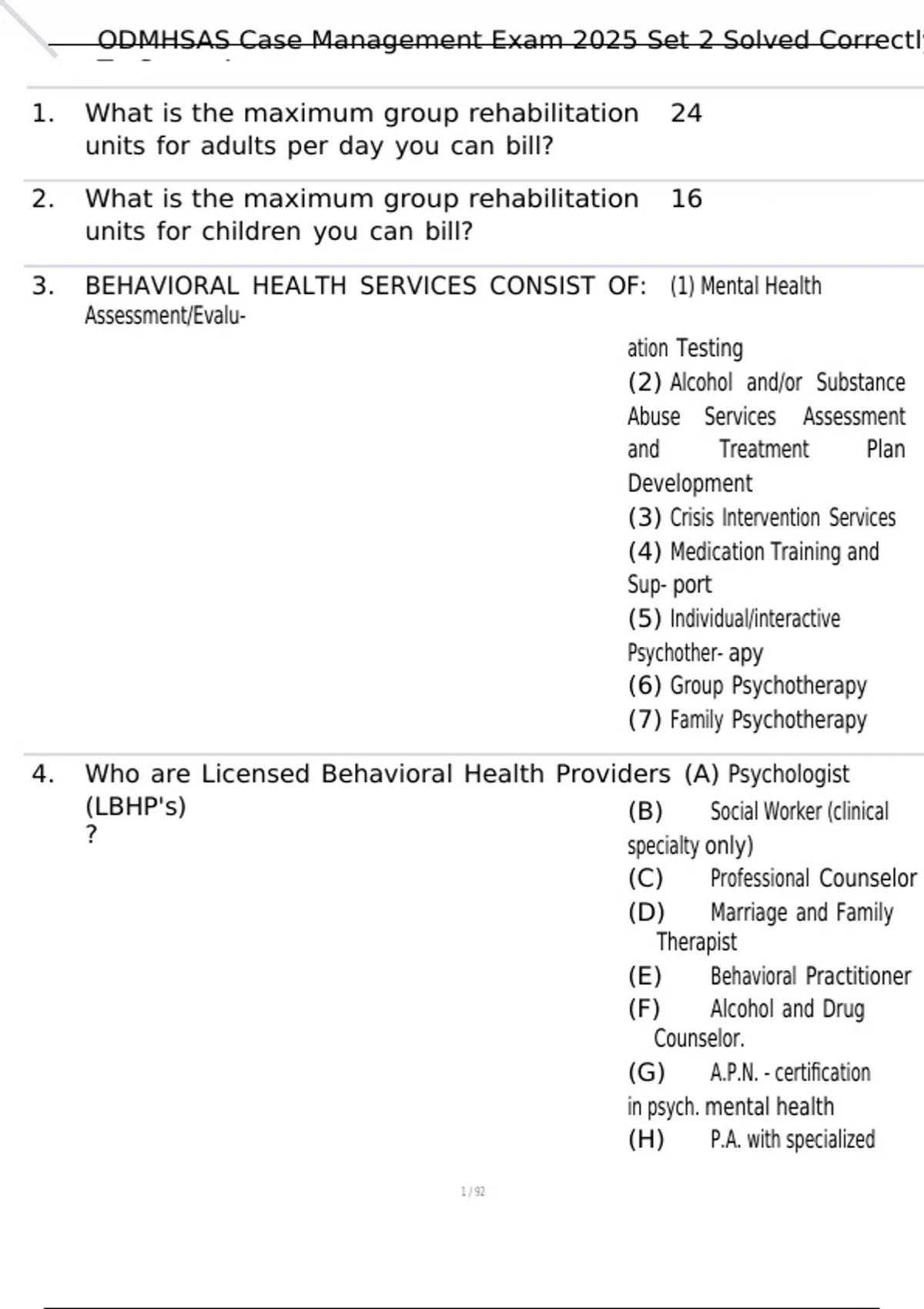 ODMHSAS Case Management Exam 2025 Set 2 Solved Correctly To Score A - ODMHSAS - Stuvia US