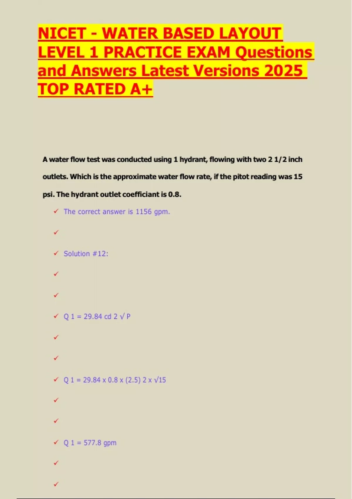 NICET - WATER BASED LAYOUT LEVEL 1 PRACTICE EXAM Questions and Answers ...