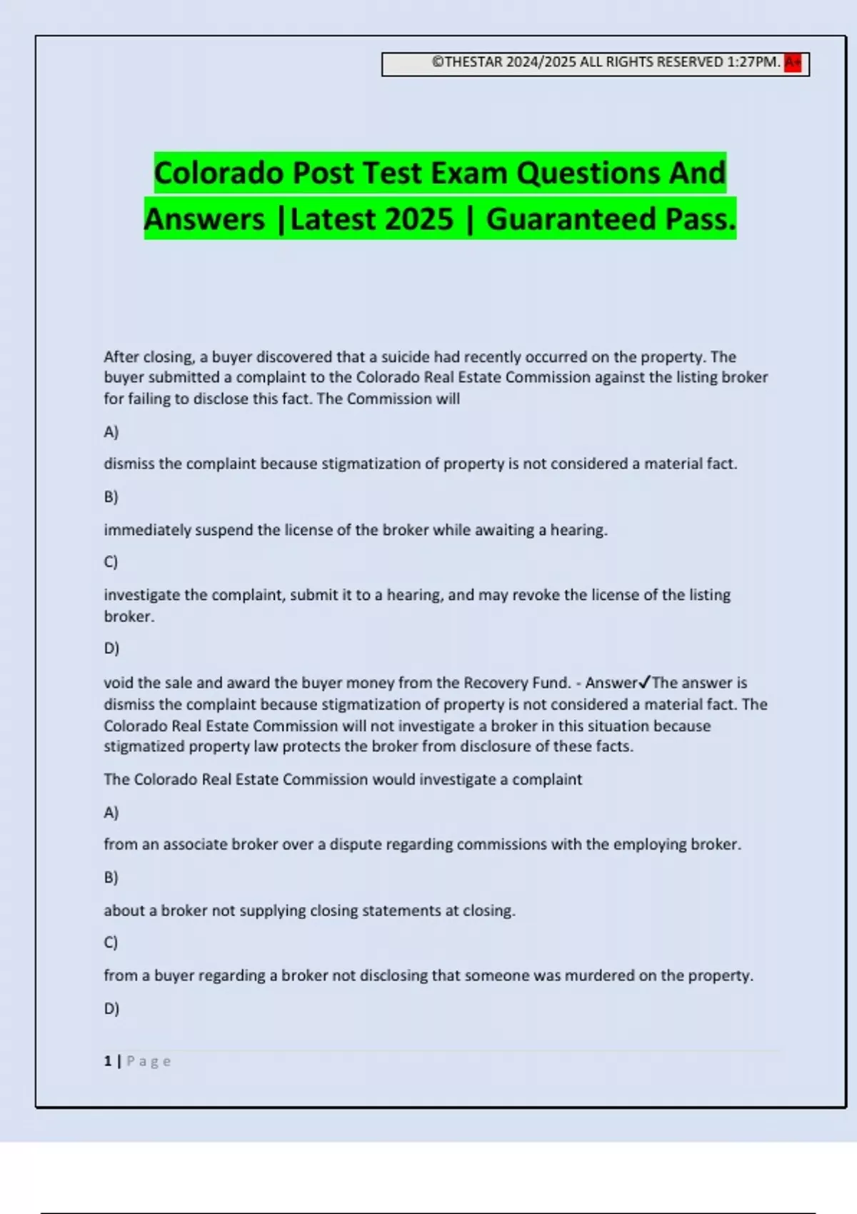 Colorado Post Test Exam Questions And Answers |Latest 2025 | Guaranteed ...