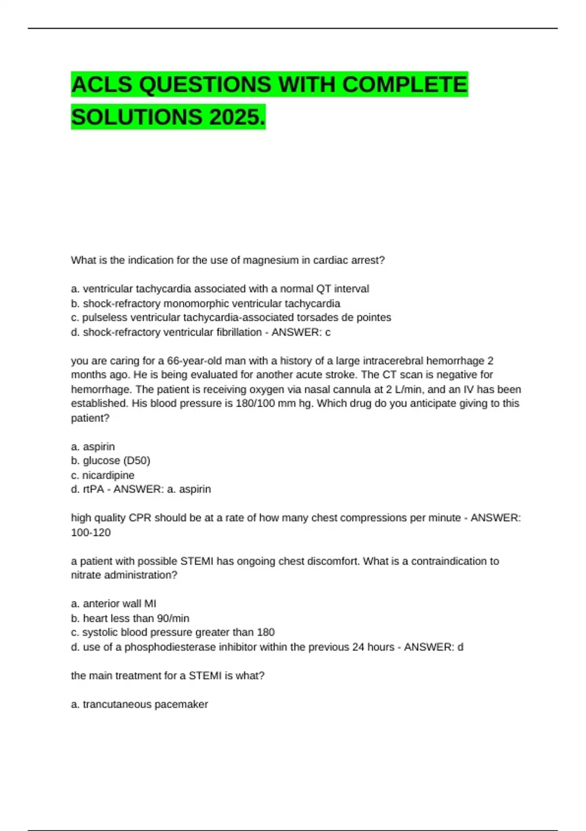 ACLS QUESTIONS WITH COMPLETE SOLUTIONS 2025 - Acls - Stuvia US