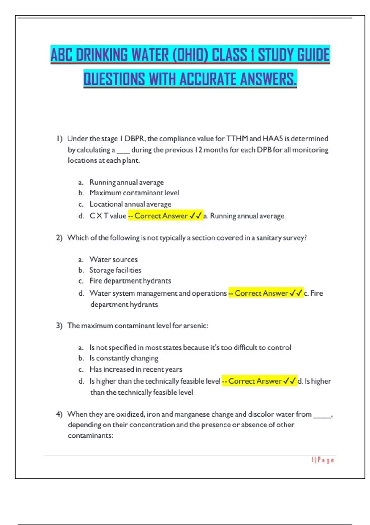 ABC DRINKING WATER TREATMENT (OHIO) CLASS 1 STUDY GUIDE QUESTIONS WITH ...