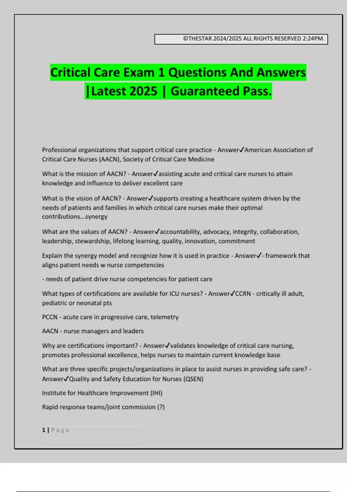 Critical Care Exam 1 Questions And Answers |Latest 2025 | Guaranteed ...