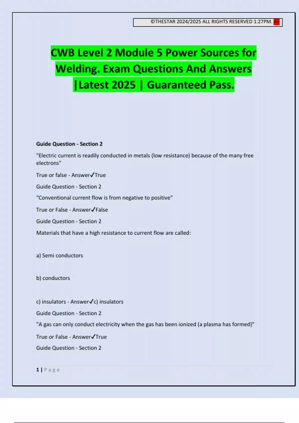 CWB Level 2 Module 5 Power Sources for Welding. Exam Questions And ...